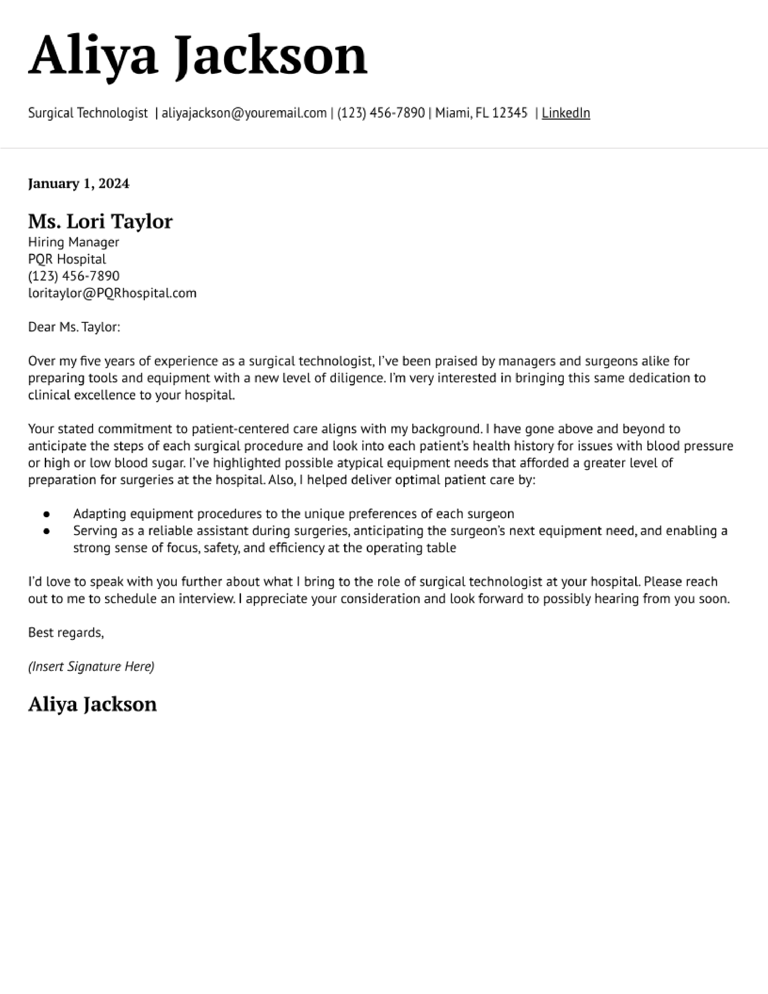 Surgical Technologist Cover Letter Examples and Templates for 2024 ...
