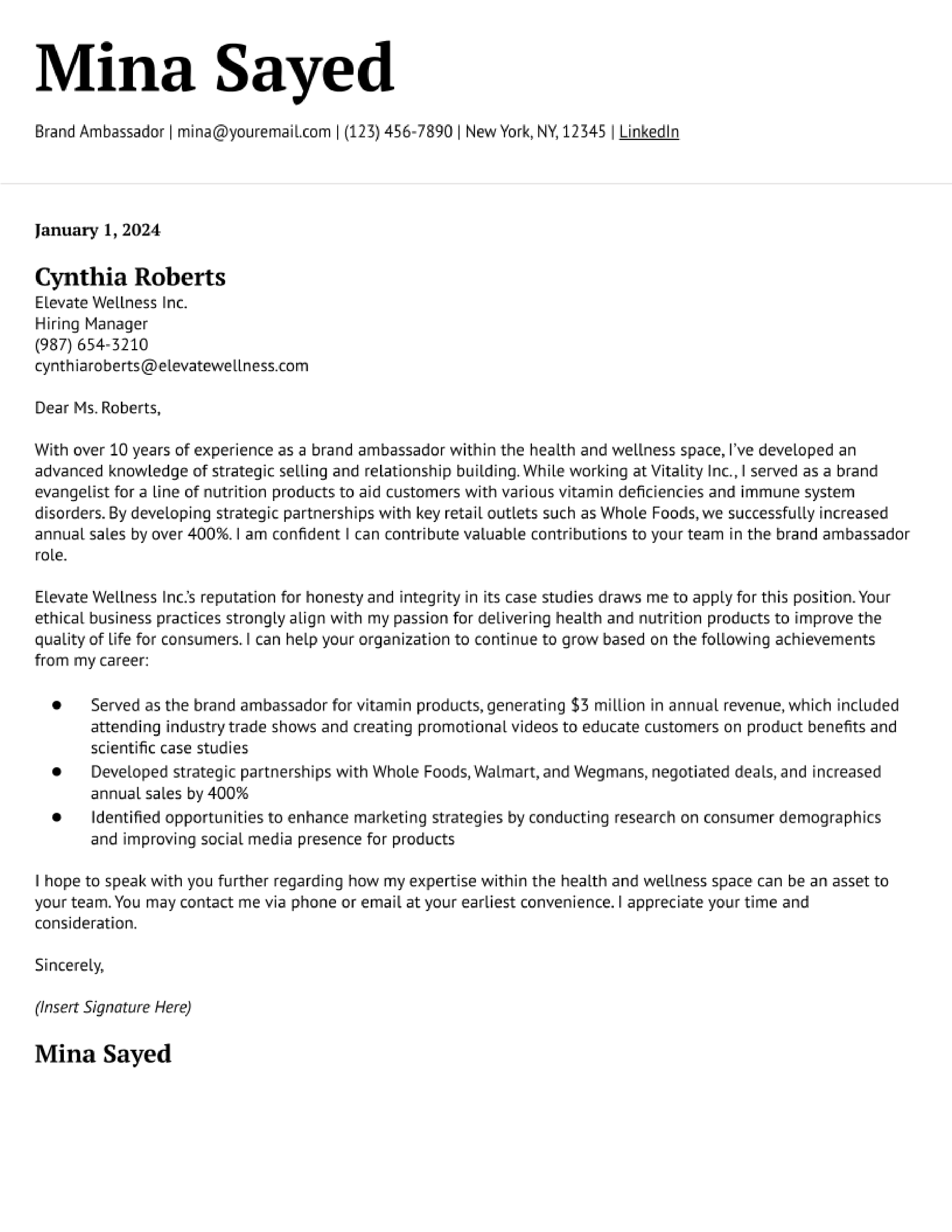 Brand Ambassador Cover Letter Examples and Templates for 2024 ...