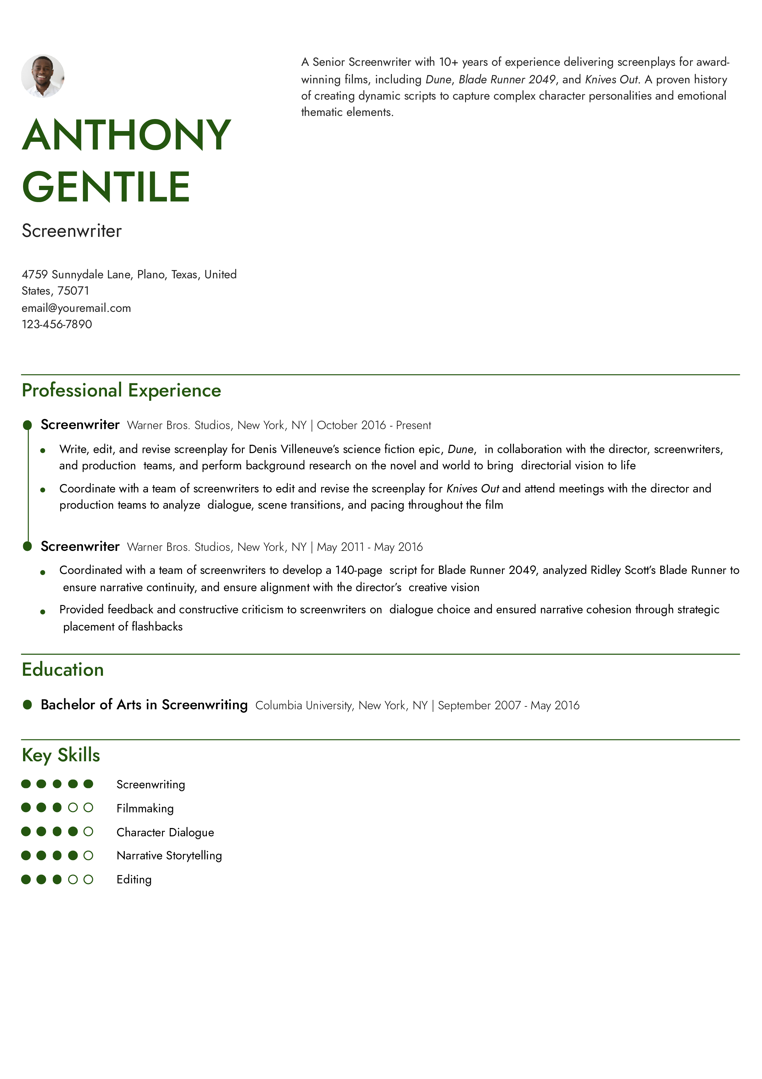 Screenwriter Resume Examples and Templates for 2024 - ResumeBuilder.com