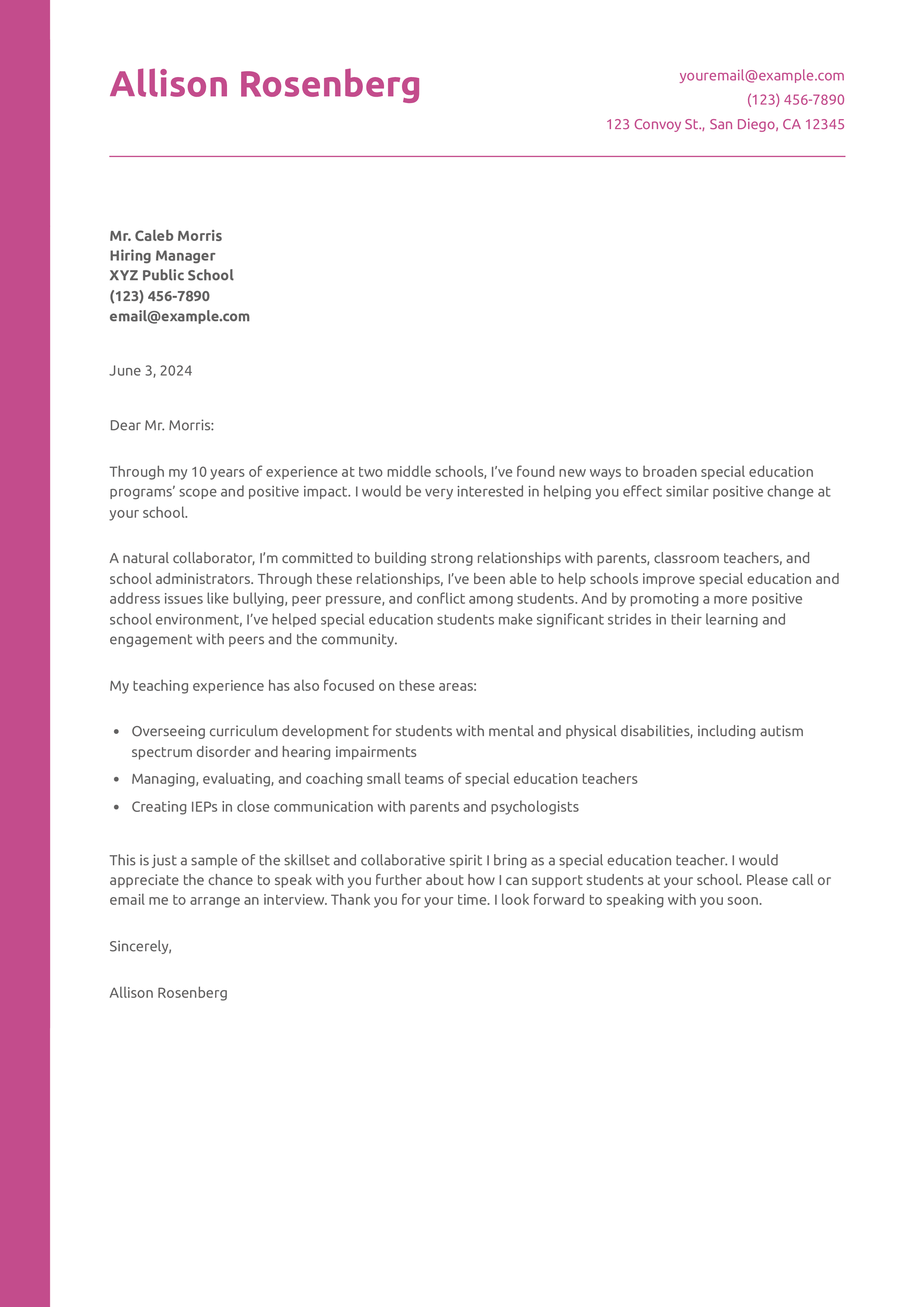 Special Education Teacher Cover Letter Examples and Templates for 2024 ...