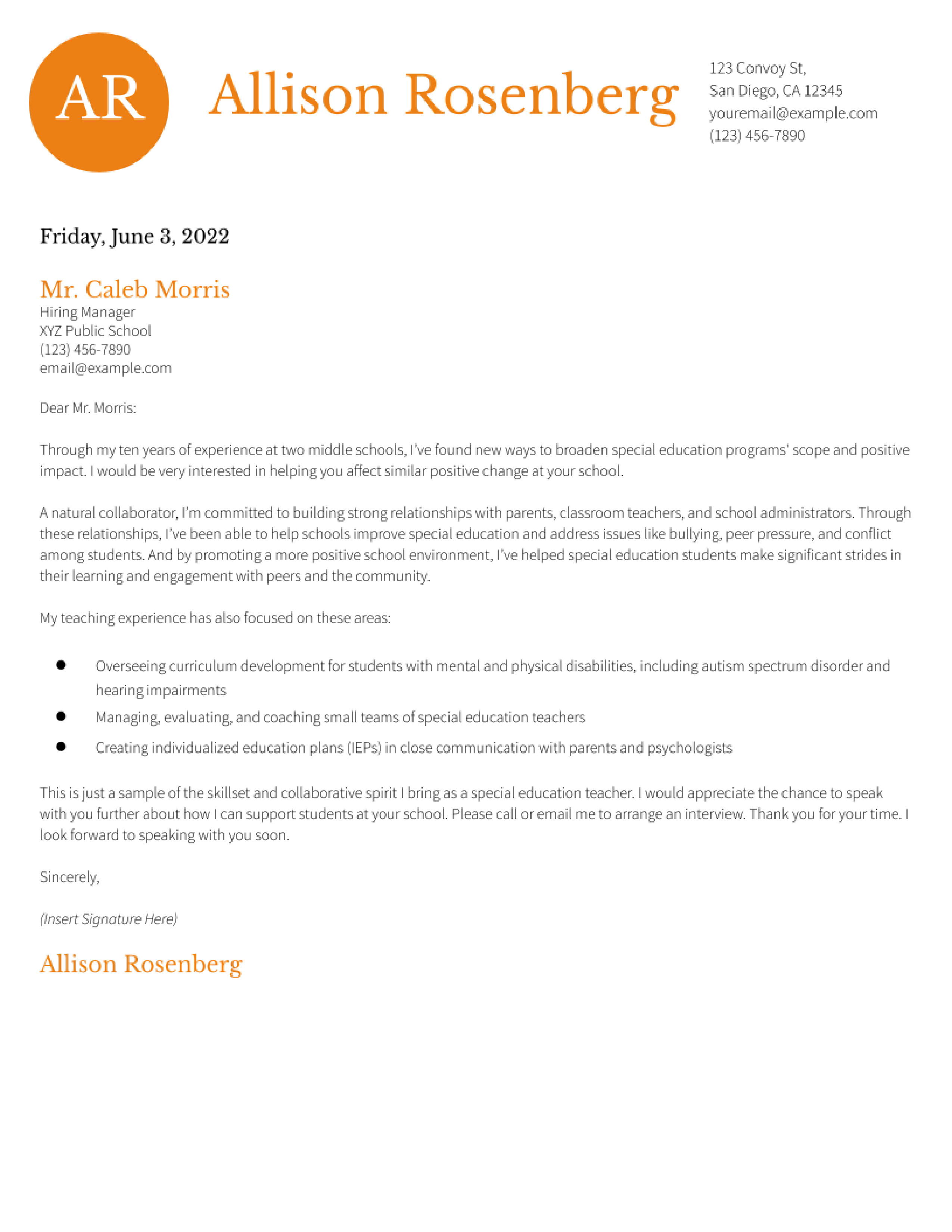 Special Education Teacher Cover Letter Examples and Templates for 2024 ...