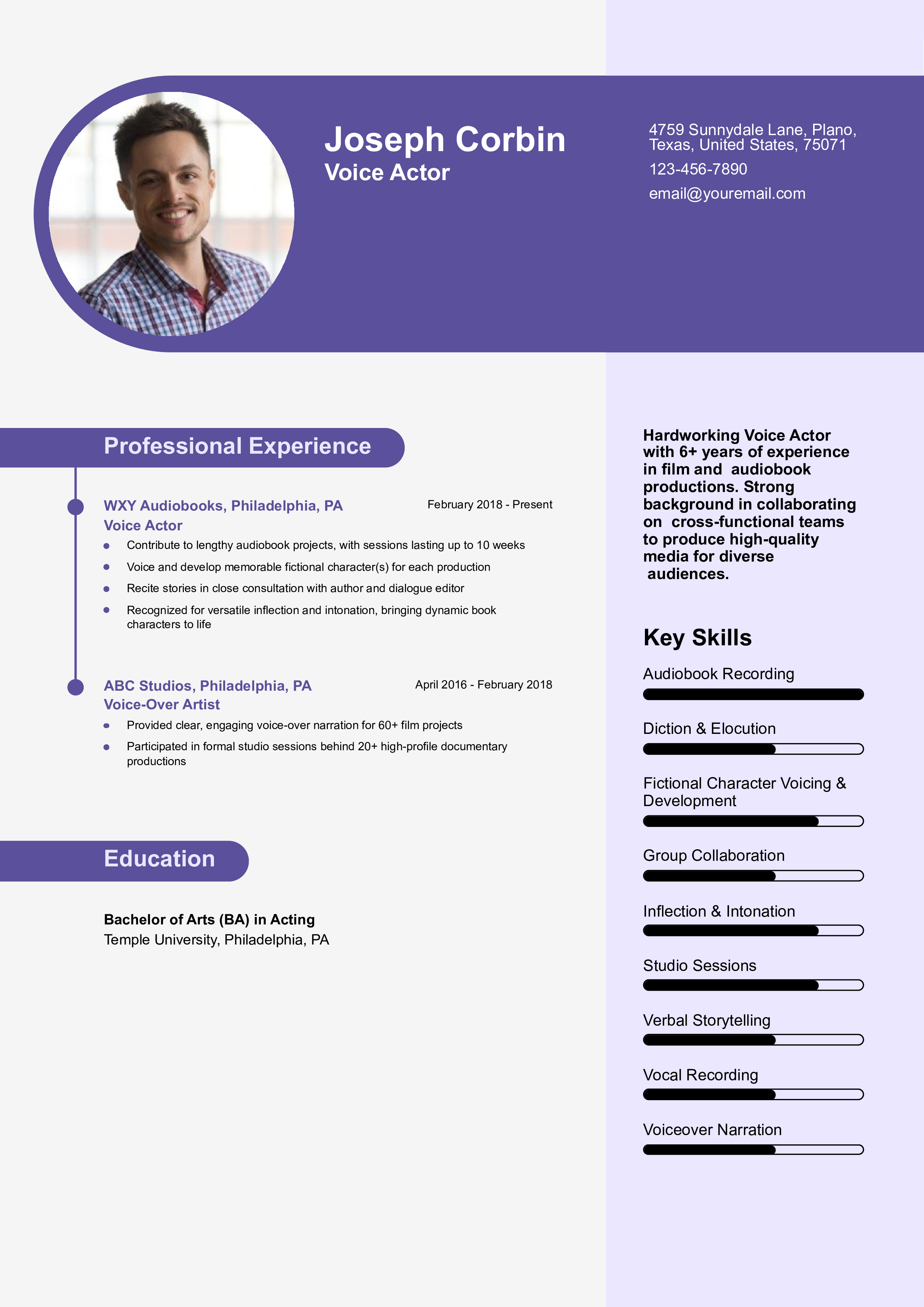 Voice Actor Resume Examples and Templates for 2024 - ResumeBuilder.com