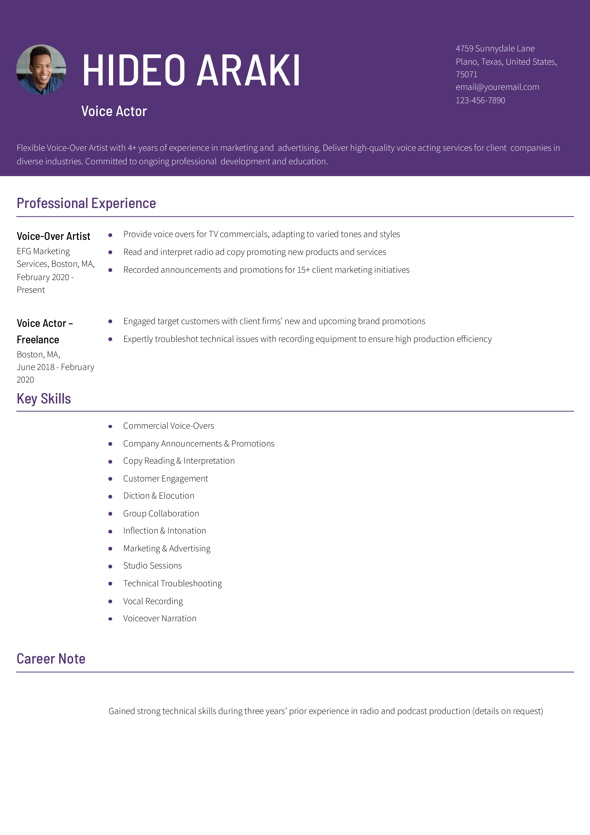 Voice Actor Resume Examples and Templates for 2024 - ResumeBuilder.com