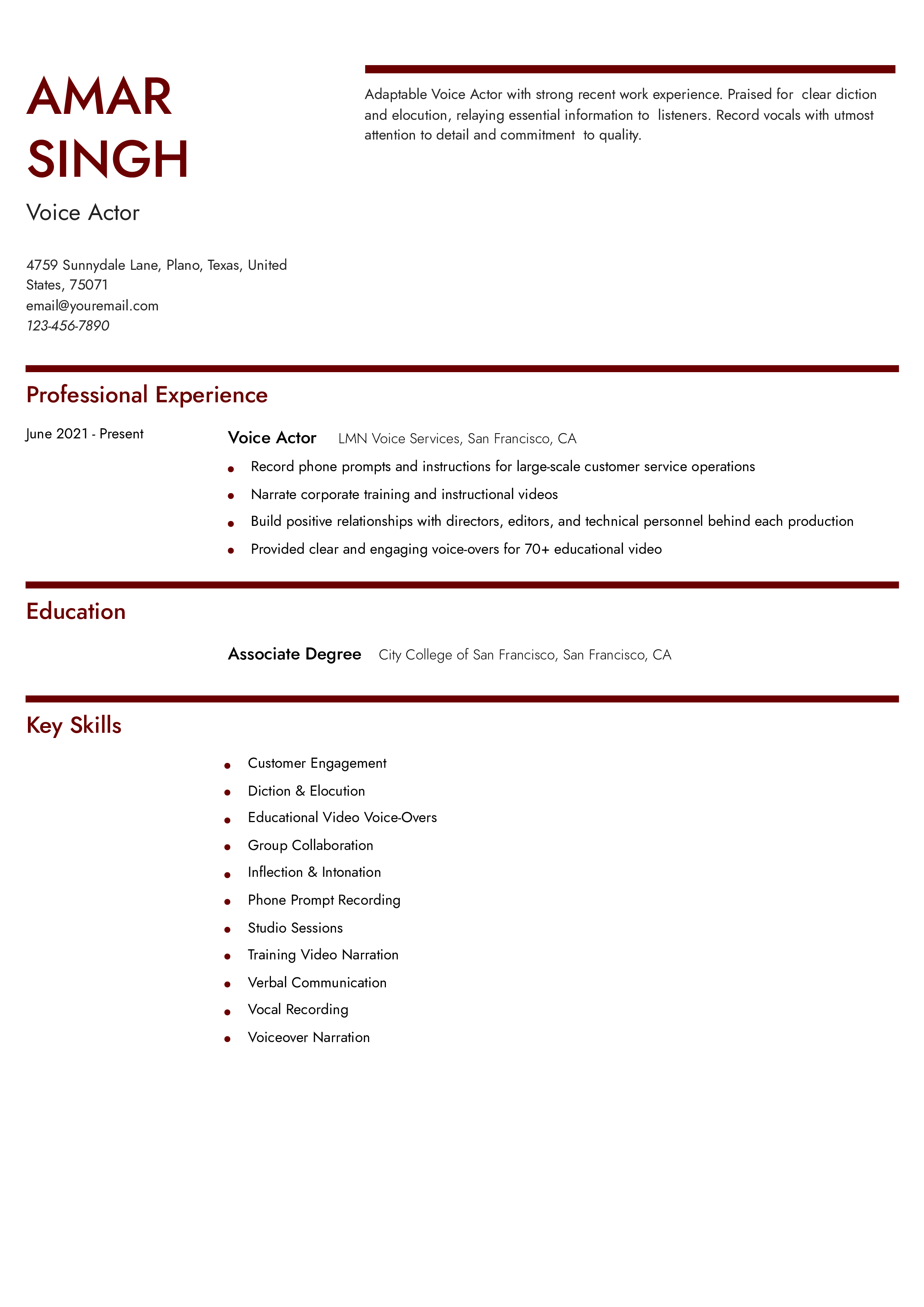 Voice Actor Resume Examples and Templates for 2024 - ResumeBuilder.com