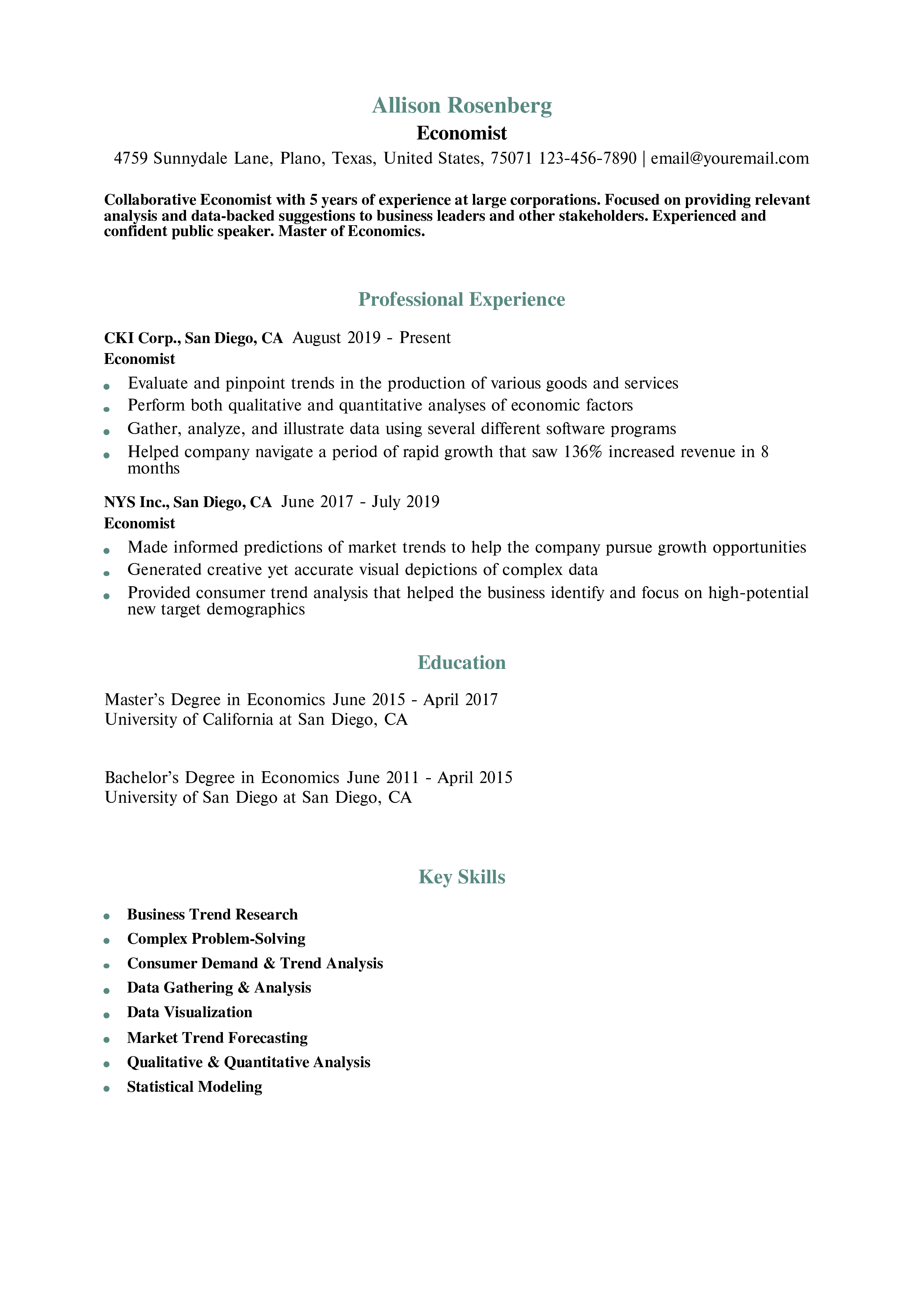 Economist Resume Examples and Templates for 2024 - ResumeBuilder.com