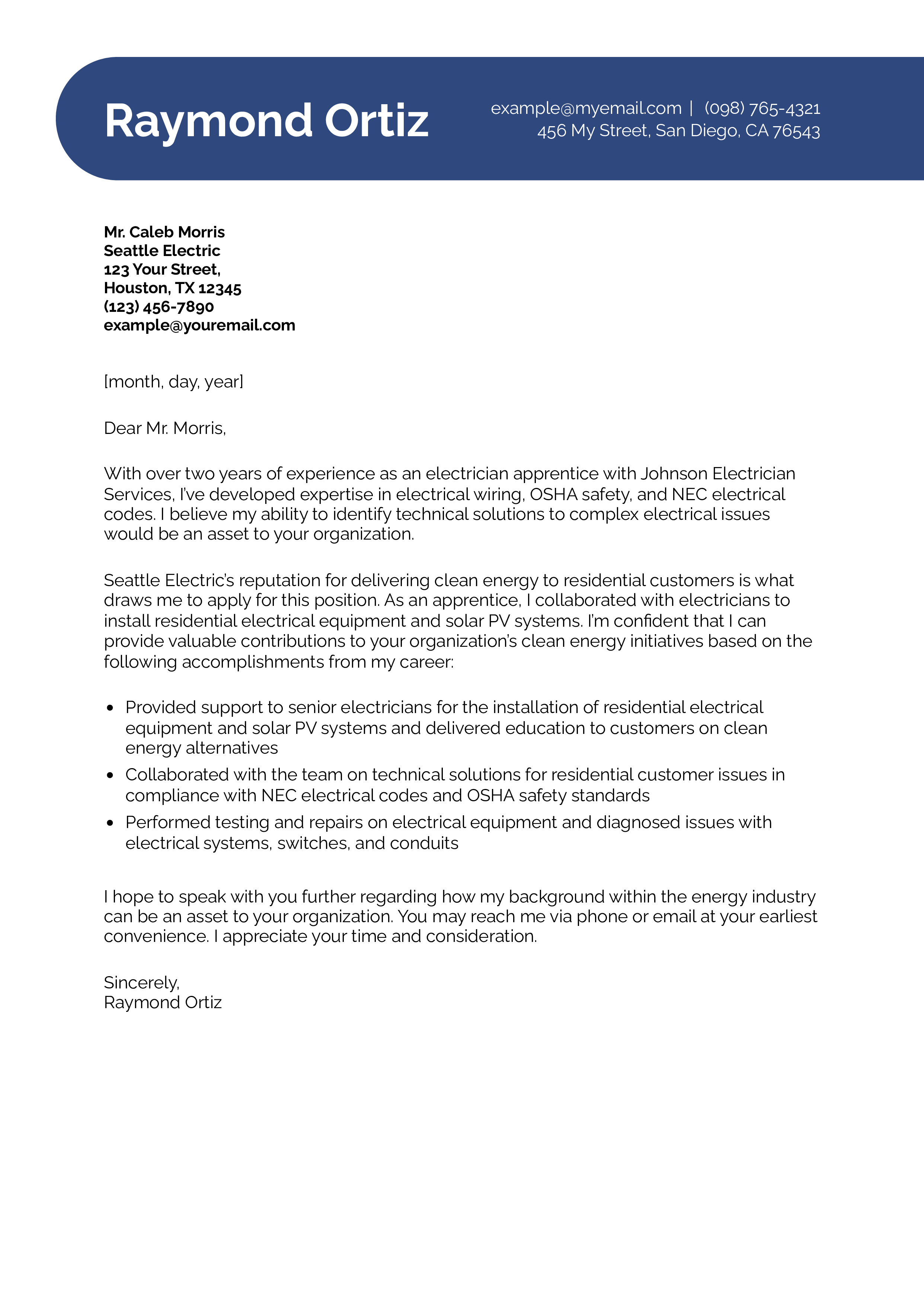 Electrician Apprentice Cover Letter Examples and Templates for 2024 ...