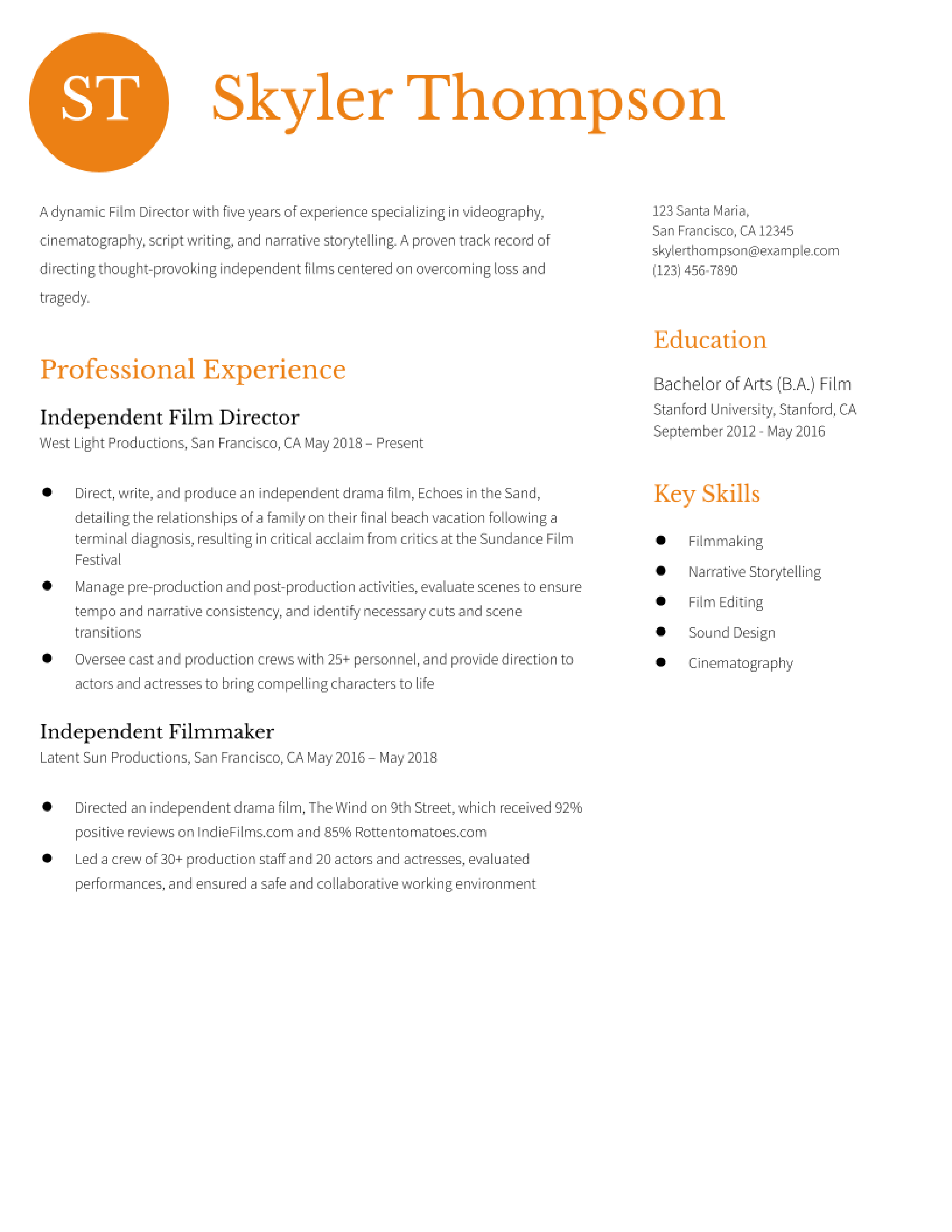 Film Director Resume Examples and Templates for 2024 - ResumeBuilder.com