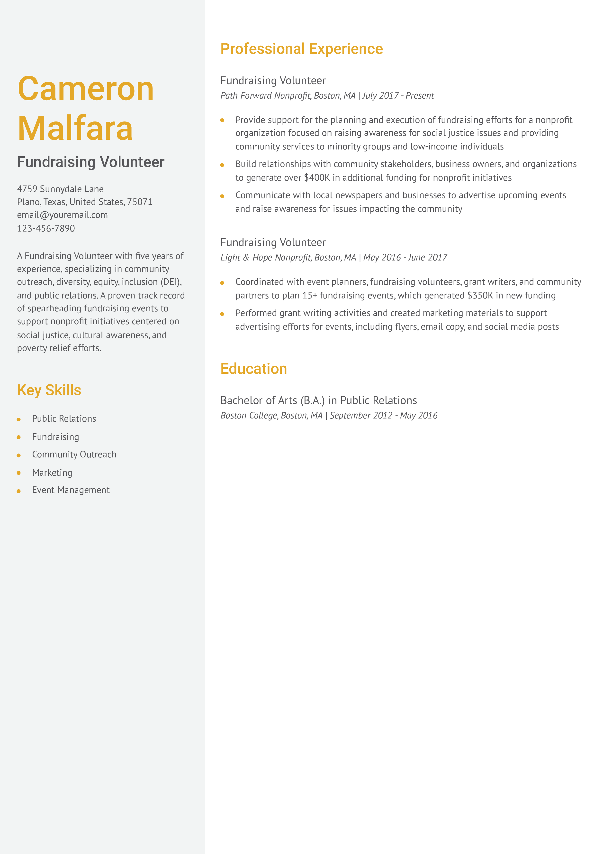 Fundraising Volunteer Resume Examples and Templates for 2024 ...