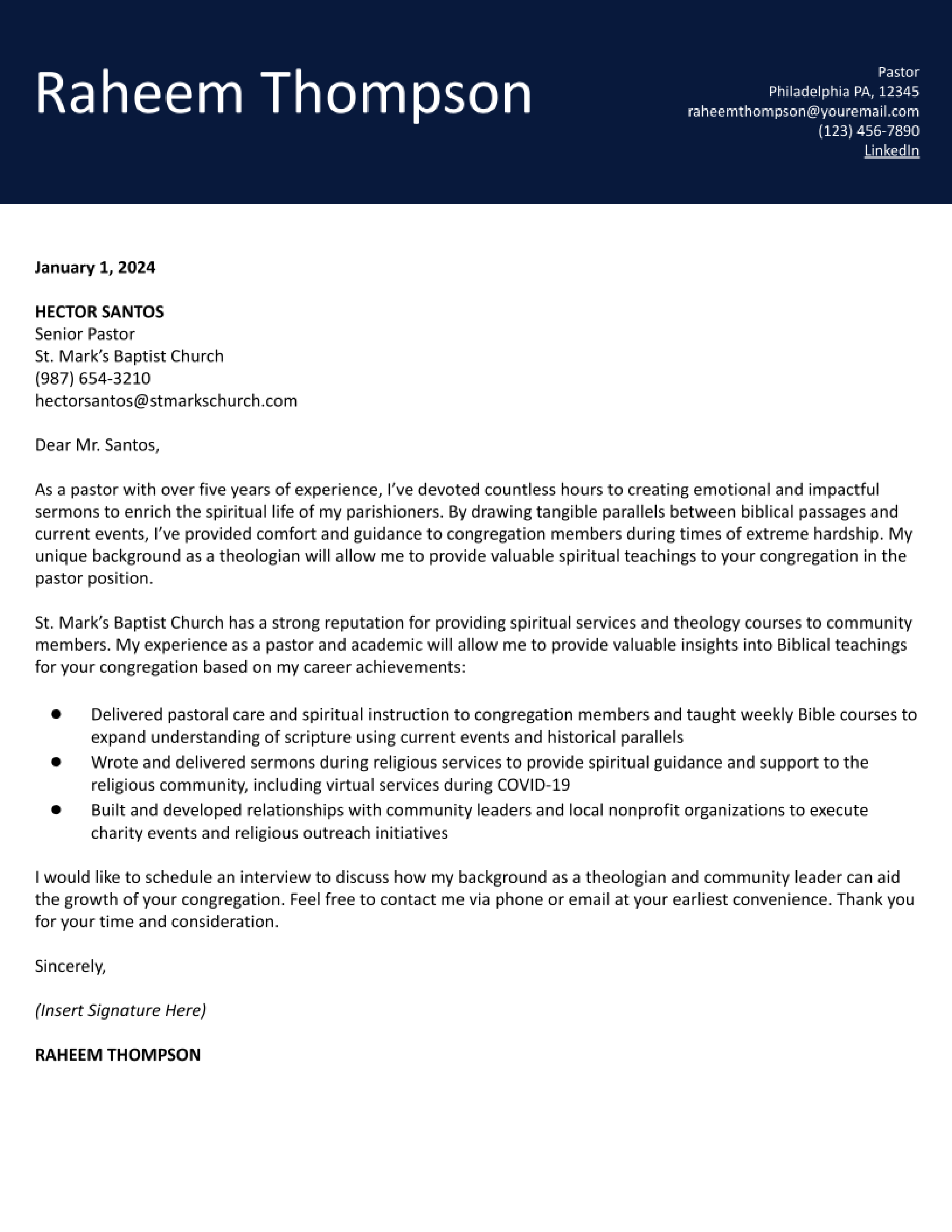 Pastor Cover Letter Examples and Templates for 2024 - ResumeBuilder.com