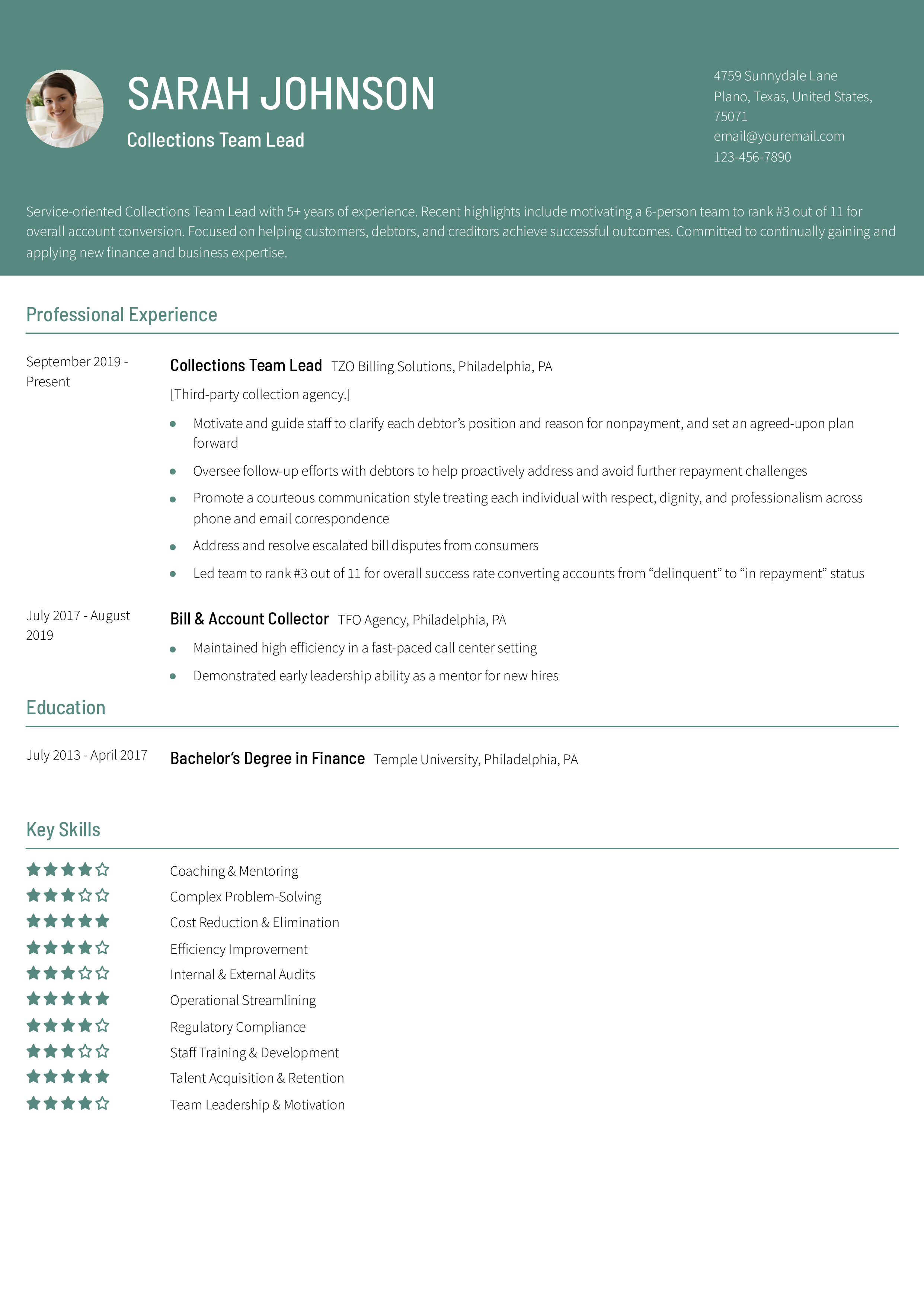 Collections Team Lead Resume Examples and Templates for 2024 ...