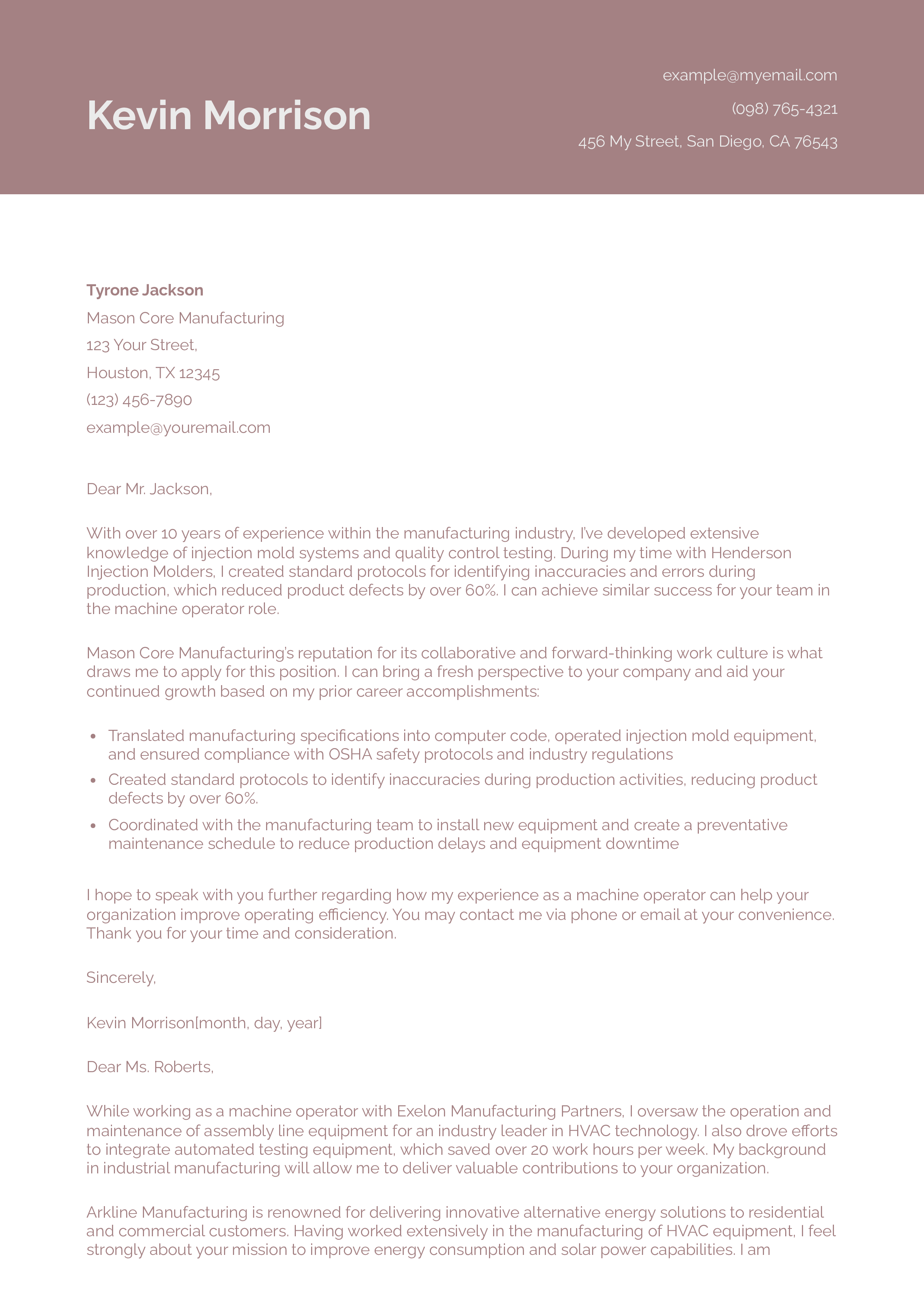 Machine Operator Cover Letter Examples and Templates for 2024 ...