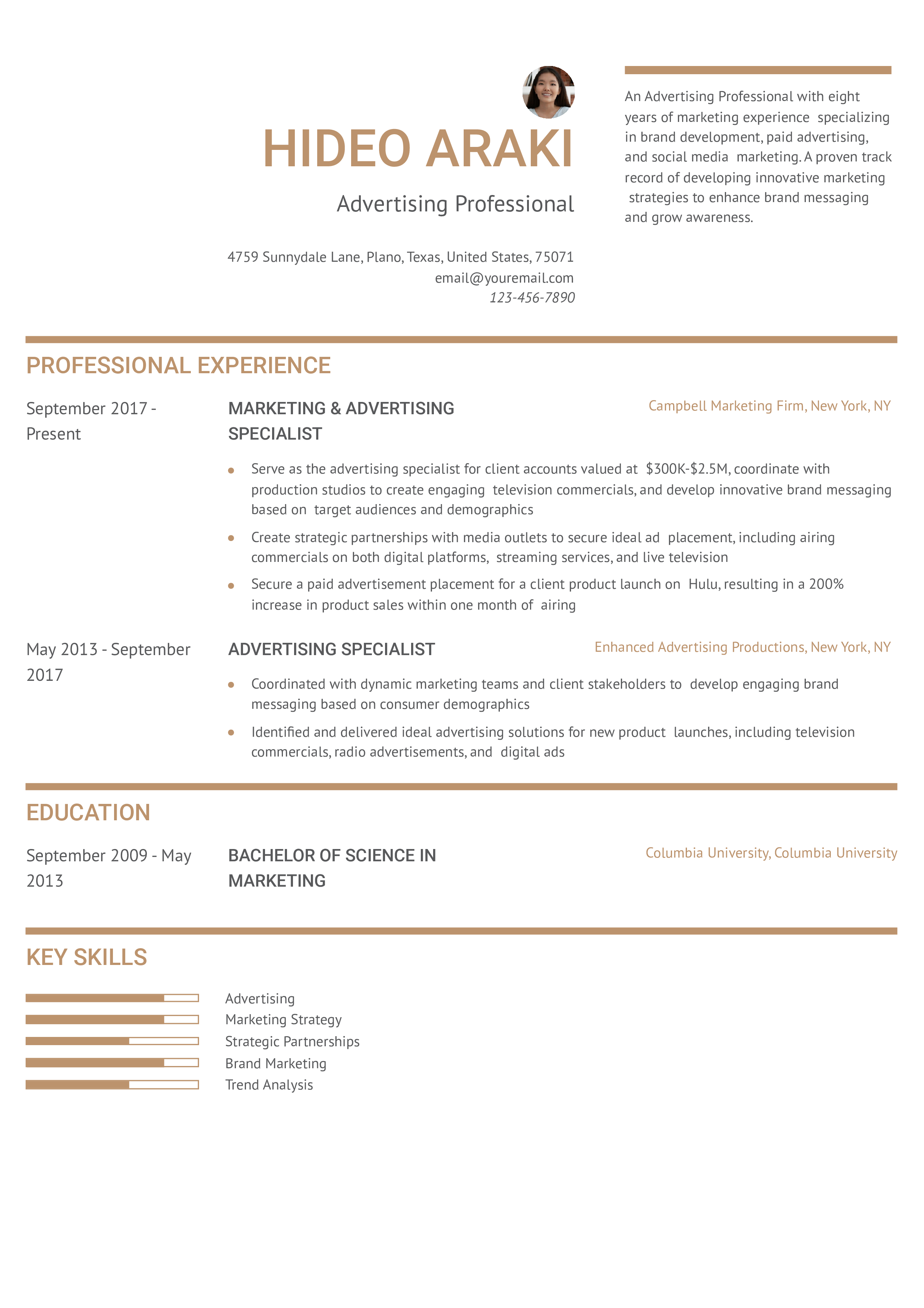 Advertising Resume Examples and Templates for 2024 - ResumeBuilder.com