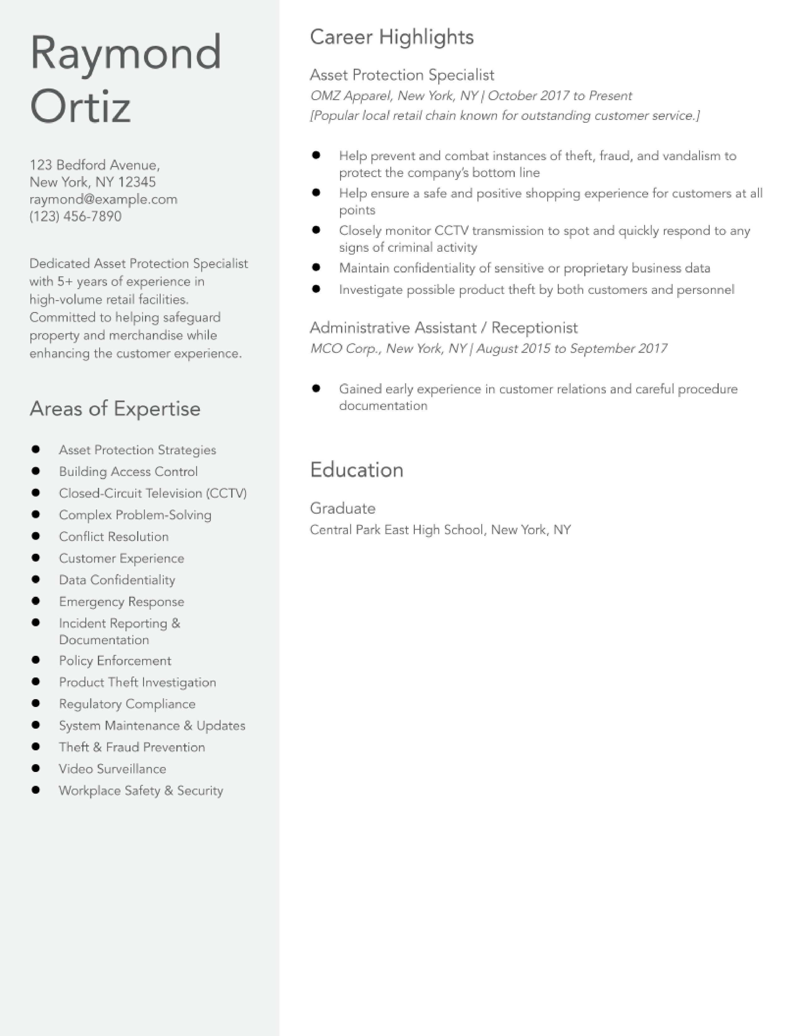Asset Protection Specialist Resume Examples and Templates for 2024 ...
