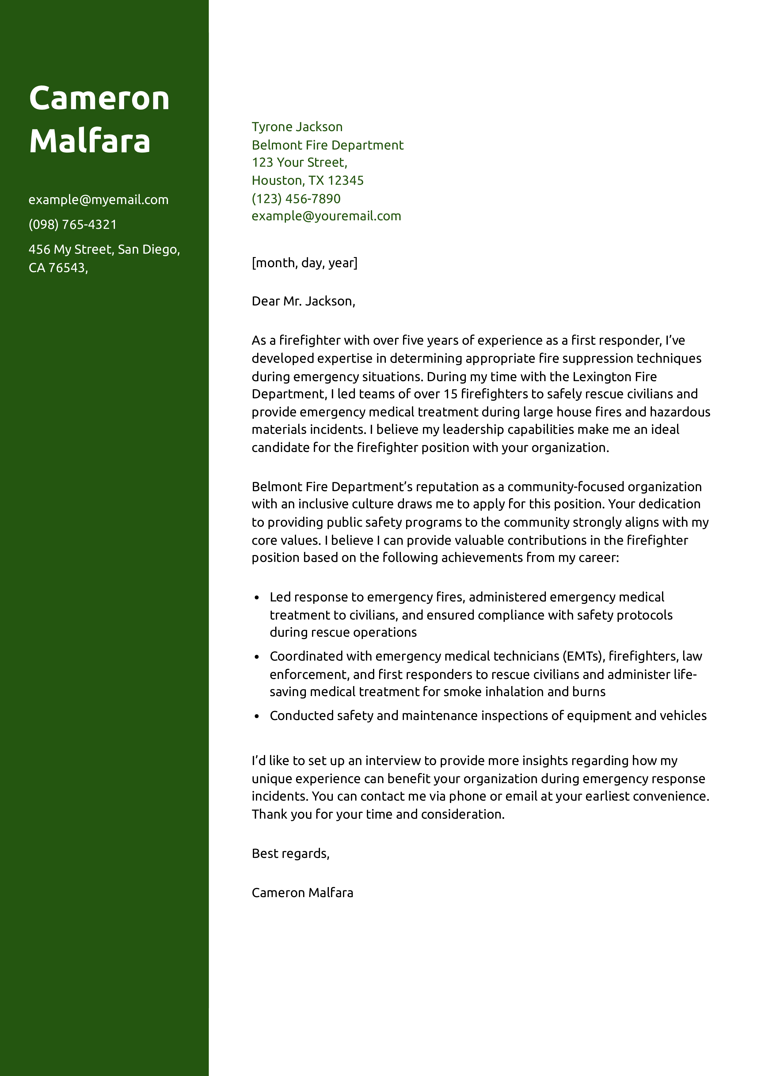 Firefighter Cover Letter Examples and Templates for 2024 ...