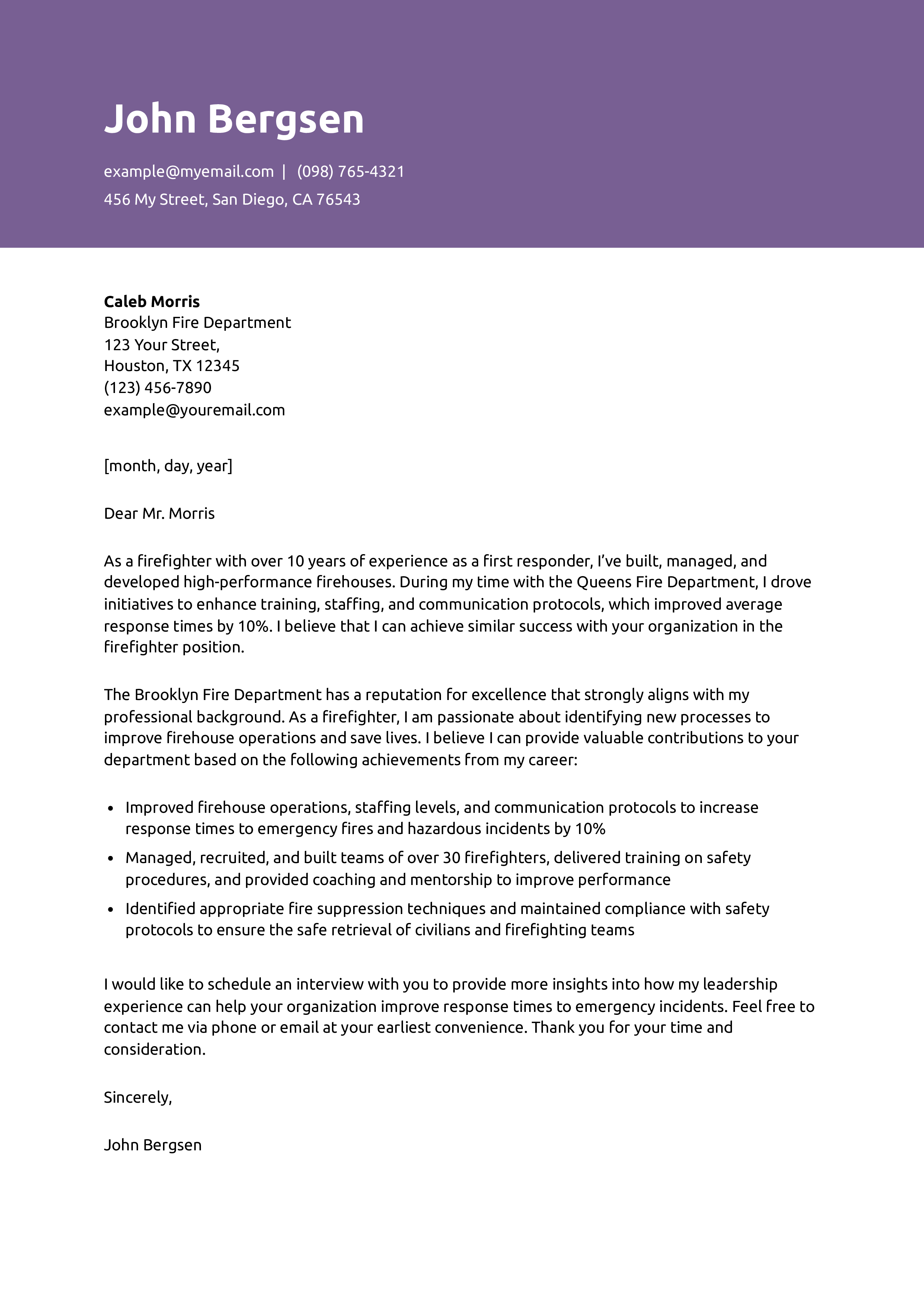 Firefighter Cover Letter Examples and Templates for 2024 ...