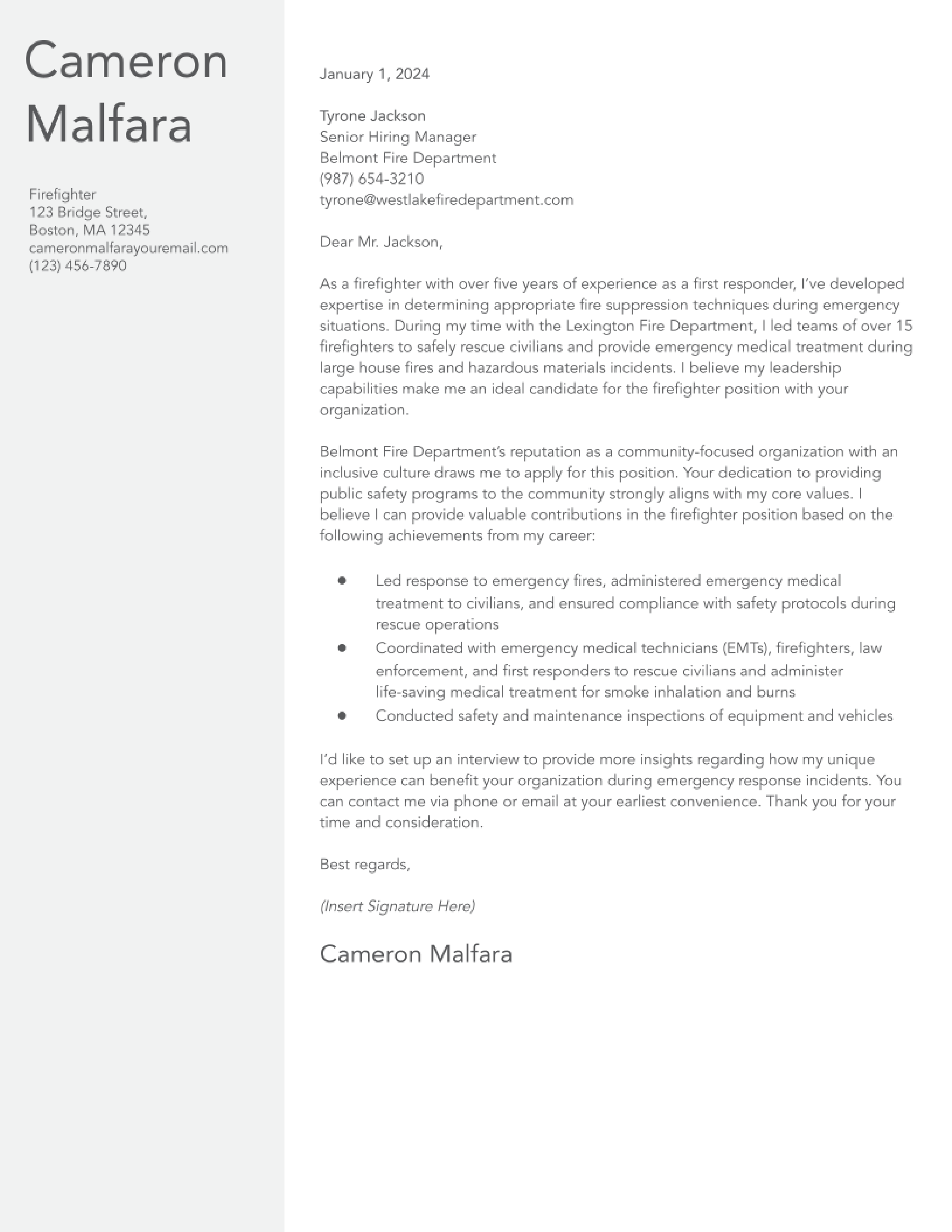 Firefighter Cover Letter Examples and Templates for 2024 ...