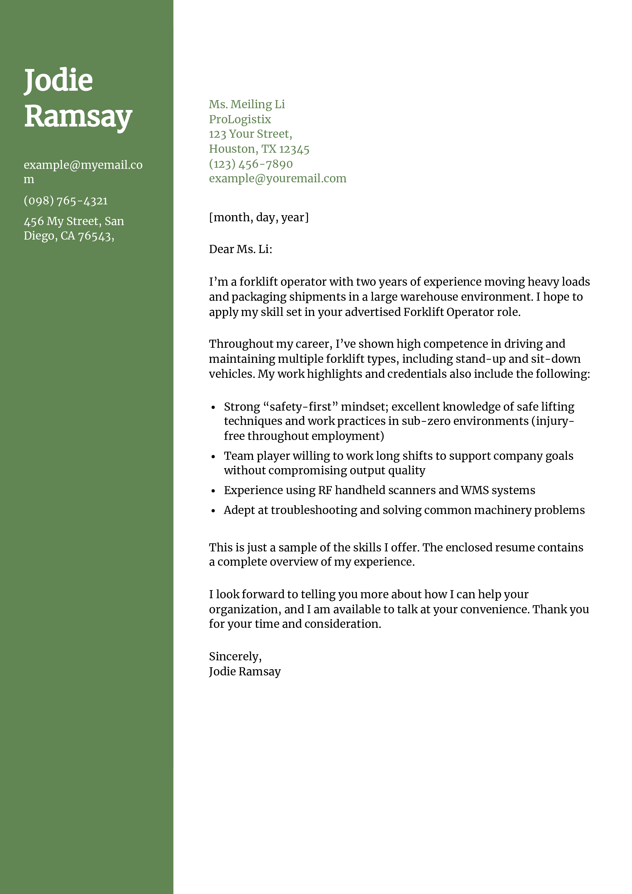 Forklift Operator Cover Letter Examples and Templates for 2024 ...