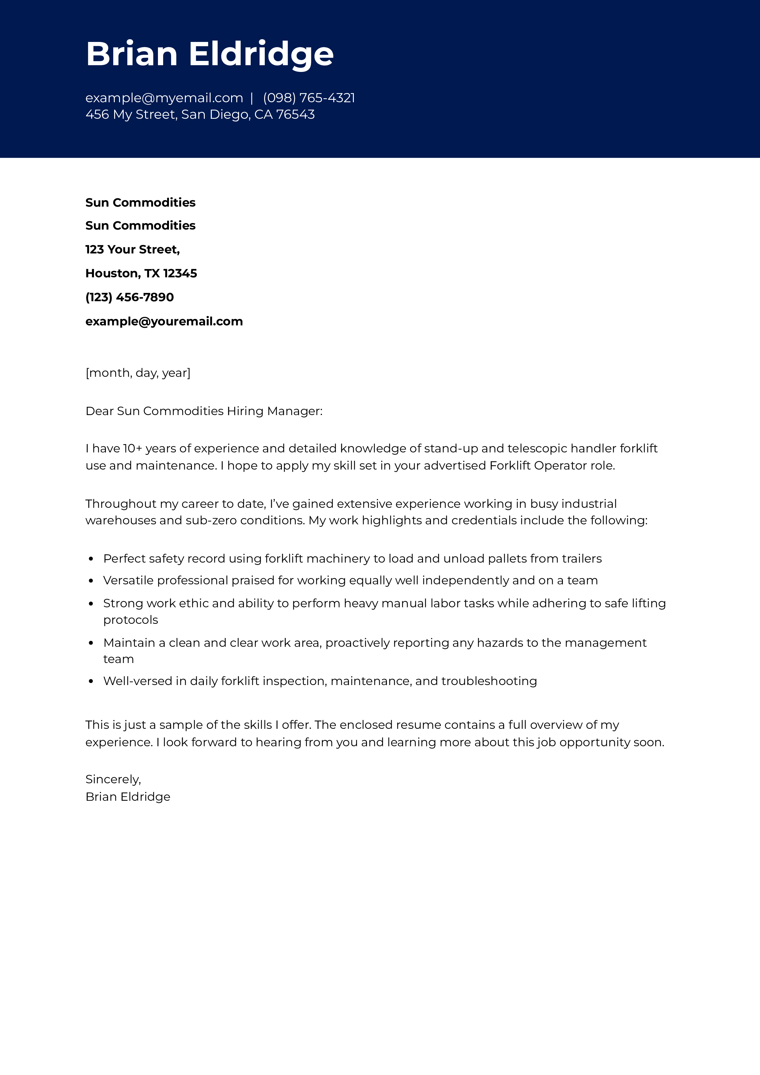 Forklift Operator Cover Letter Examples and Templates for 2024 ...