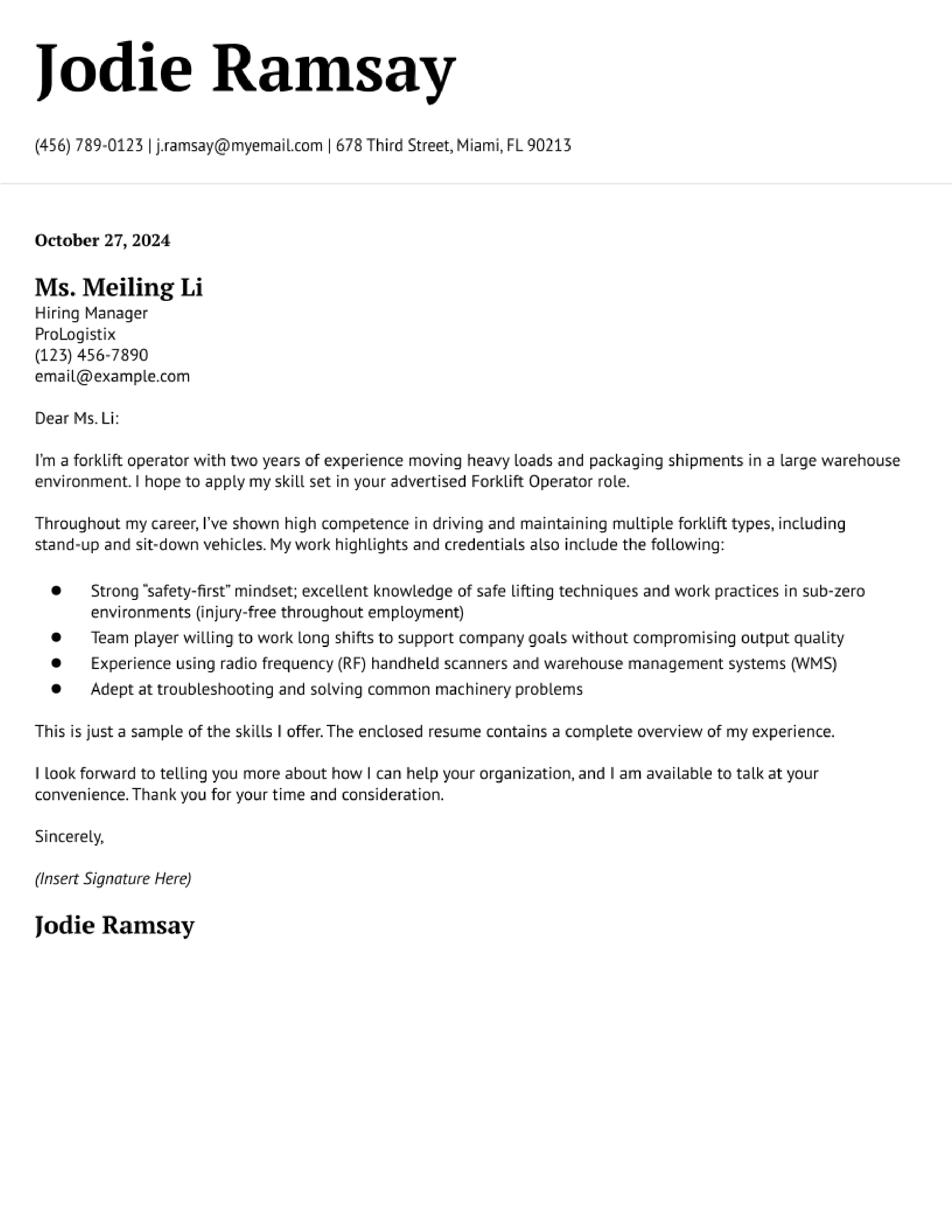 Forklift Operator Cover Letter Examples and Templates for 2024 ...