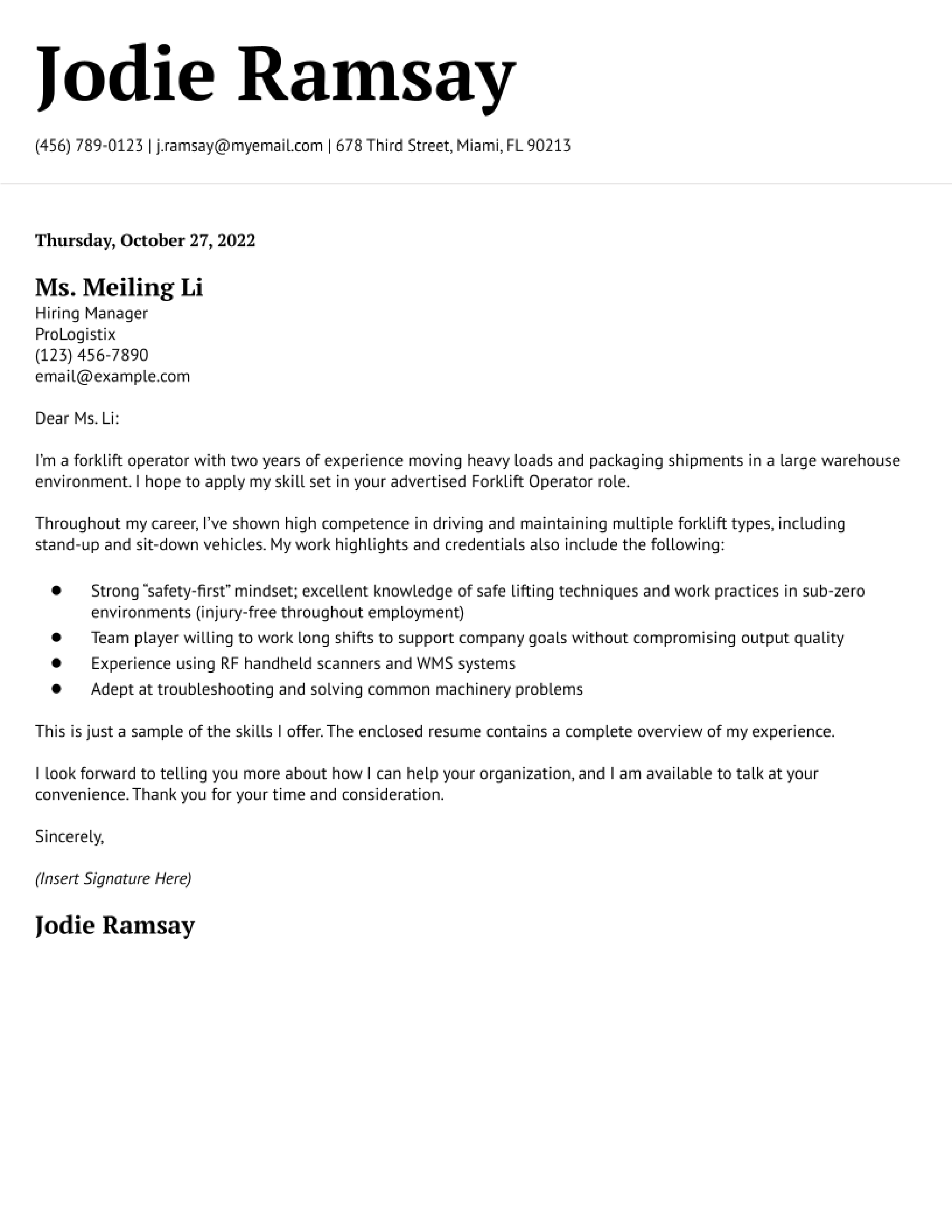 Forklift Operator Cover Letter Examples and Templates for 2024 ...