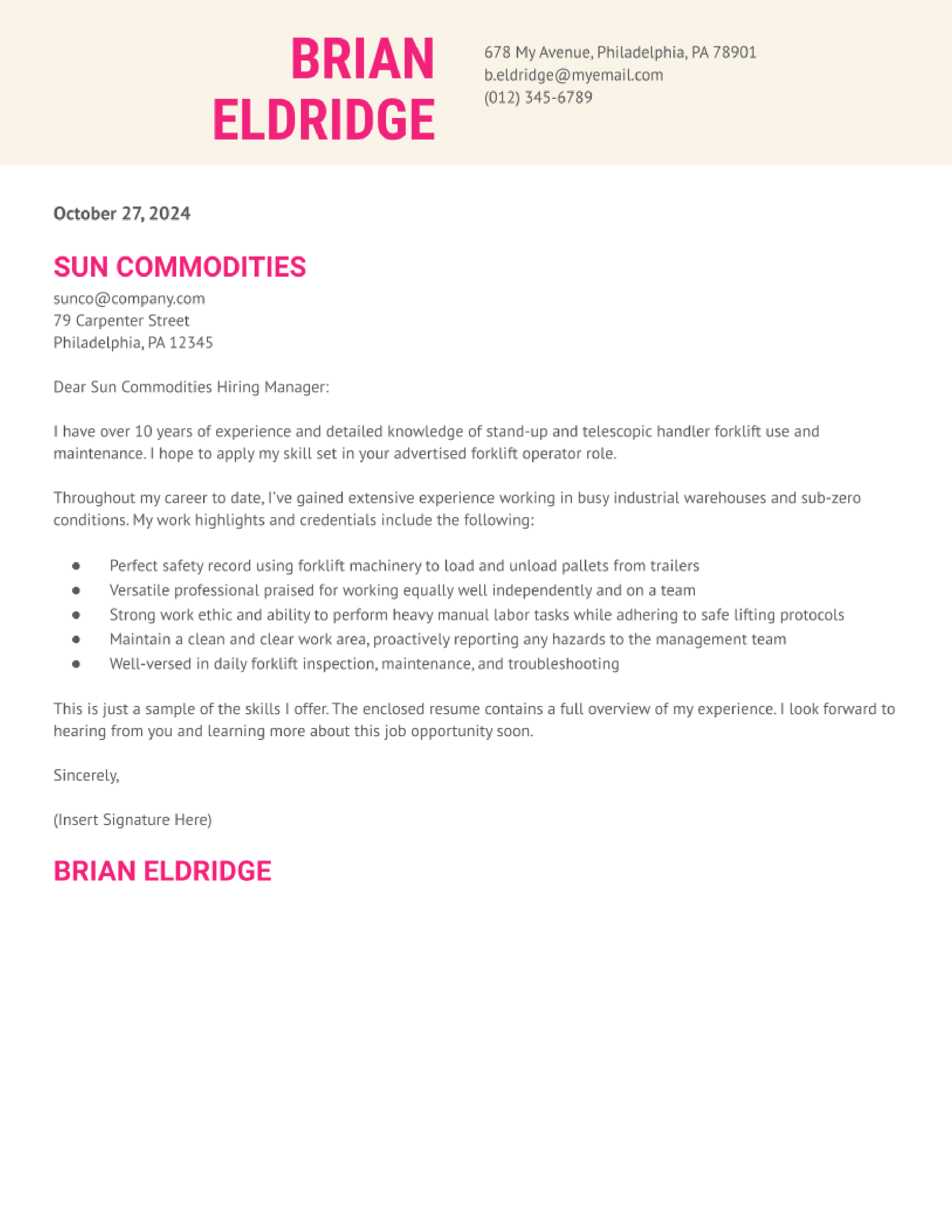 Forklift Operator Cover Letter Examples and Templates for 2024 ...