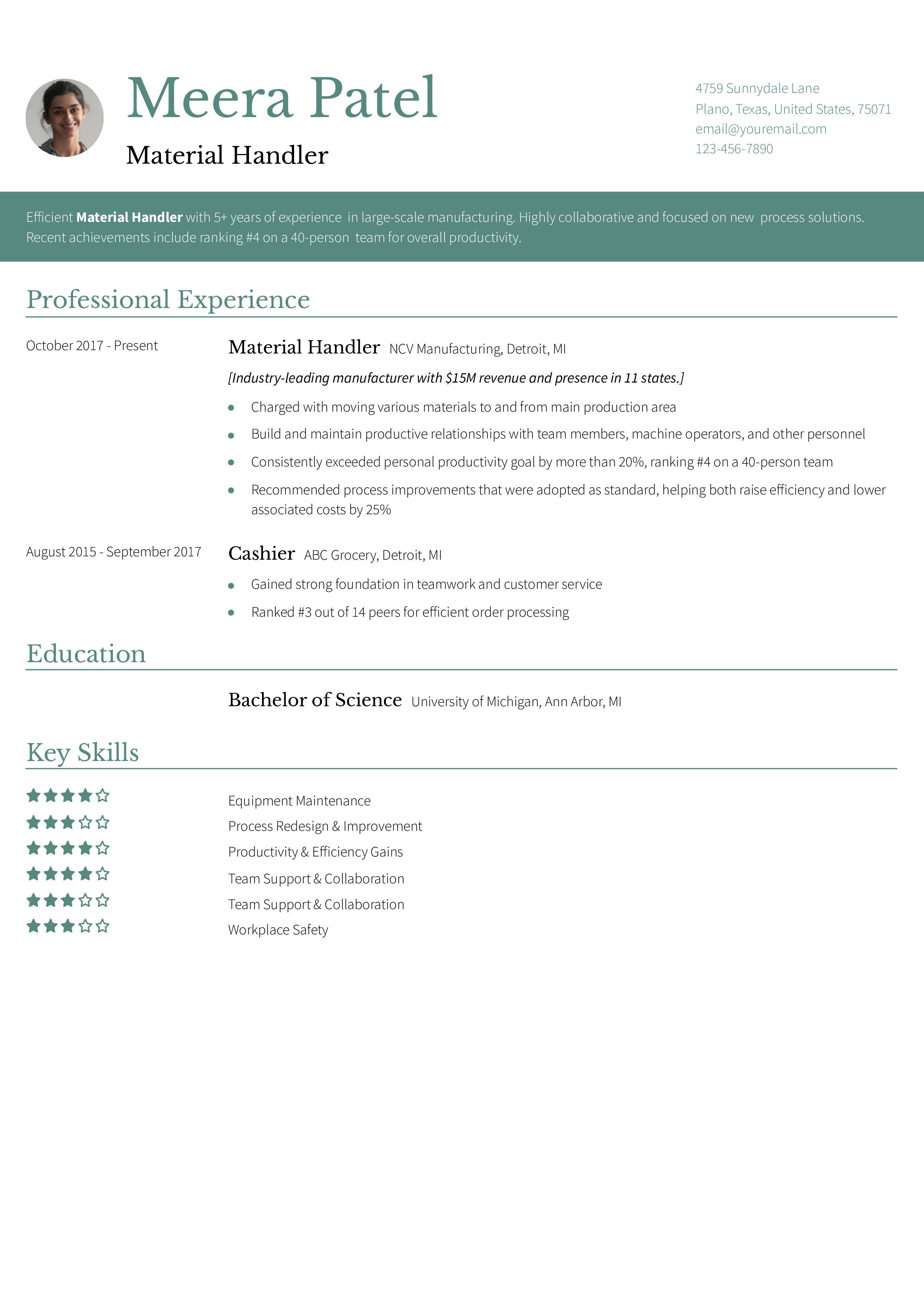 Material Handler Resume Examples and Templates for 2024 - ResumeBuilder.com