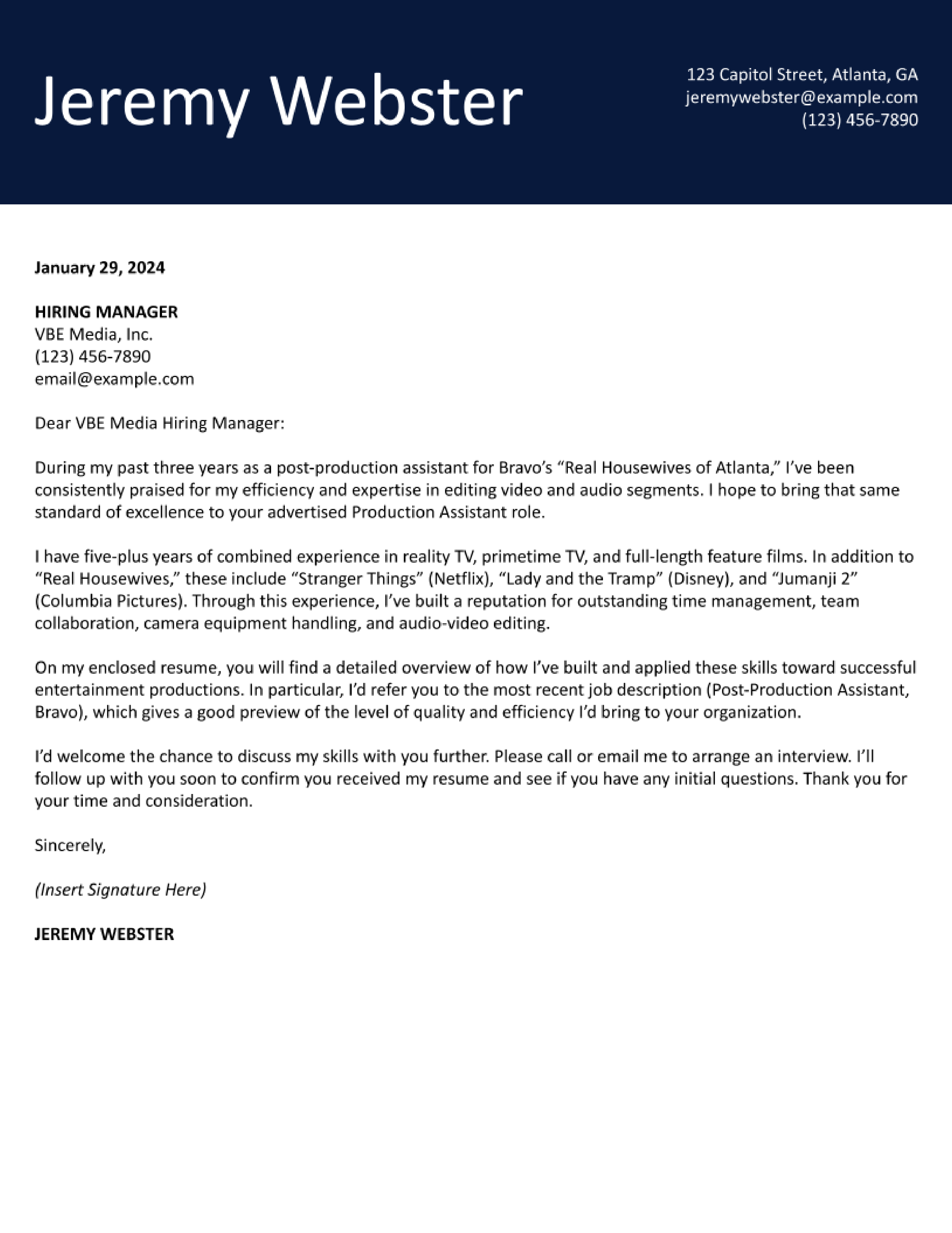 Production Assistant Cover Letter Examples And Templates For 2024