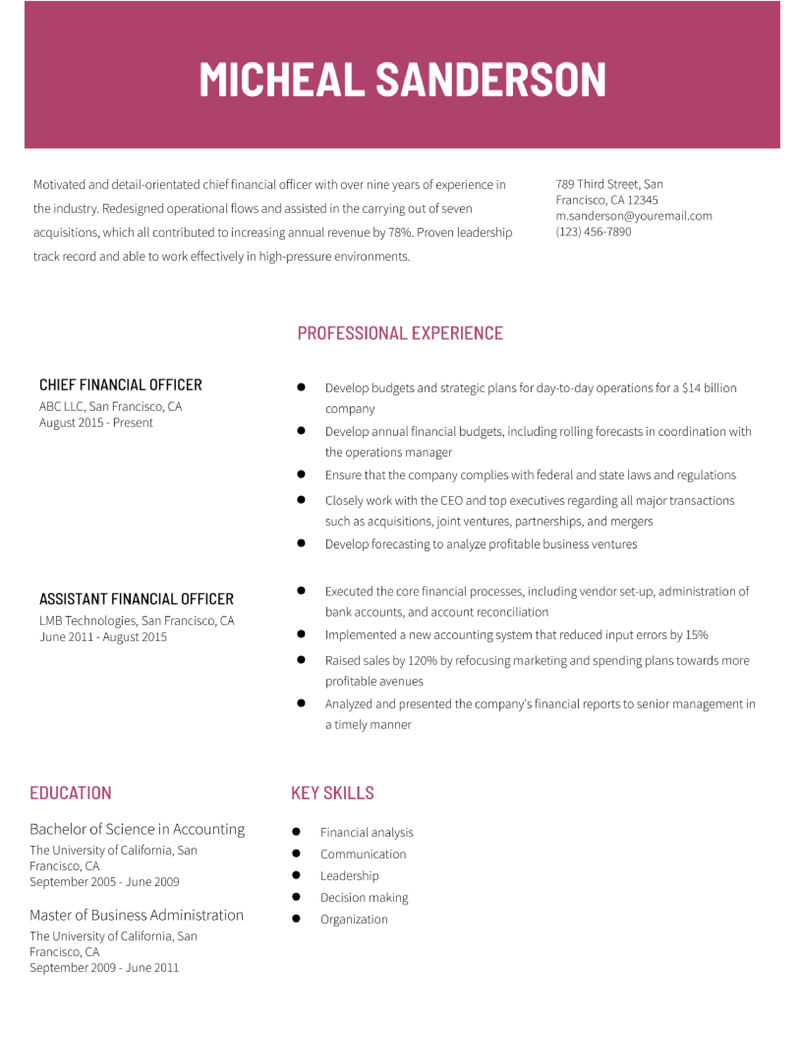 Chief Financial Officer Resume Examples and Templates for 2024 ...