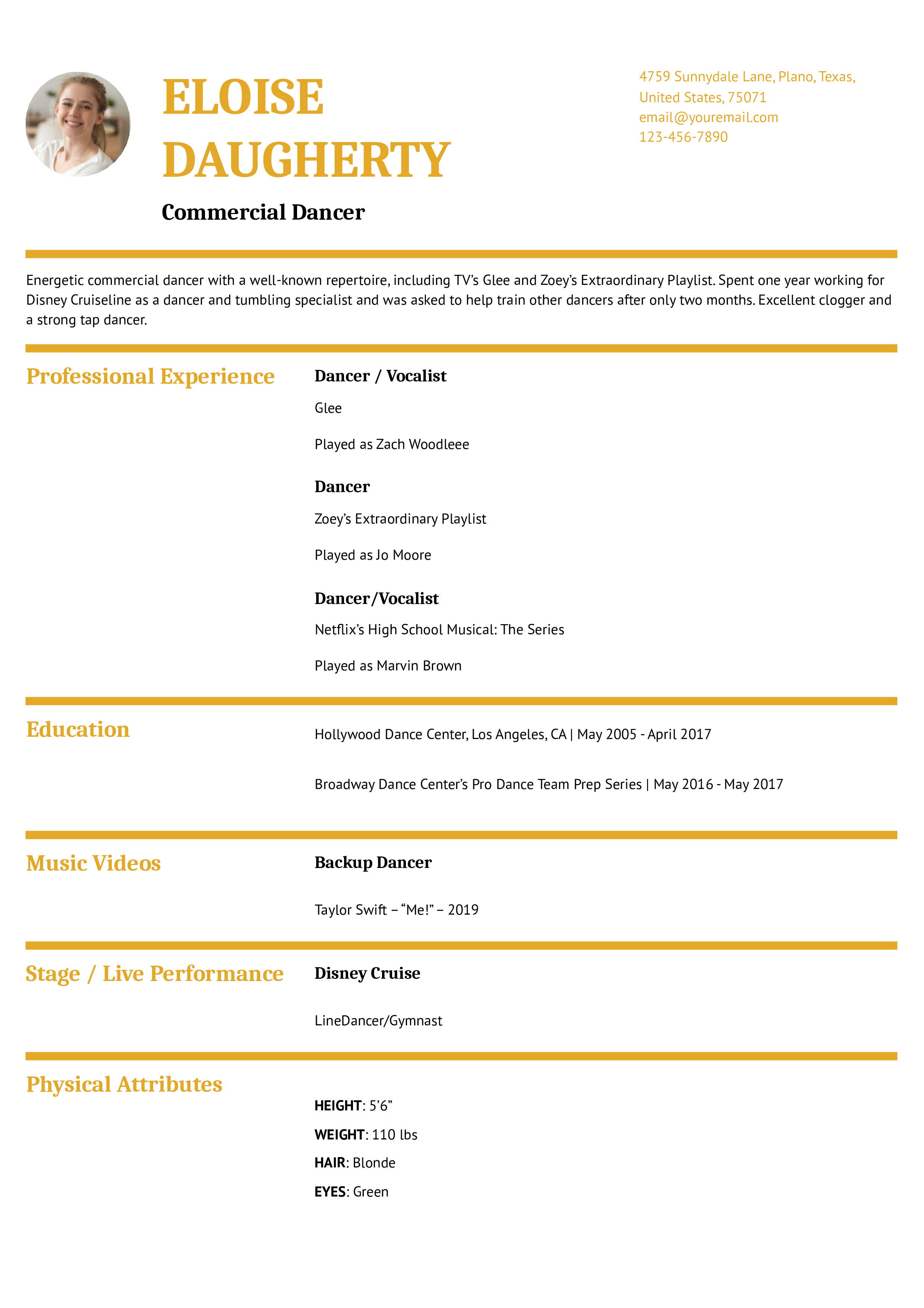 Dance Resume Examples and Templates for 2024 - ResumeBuilder.com