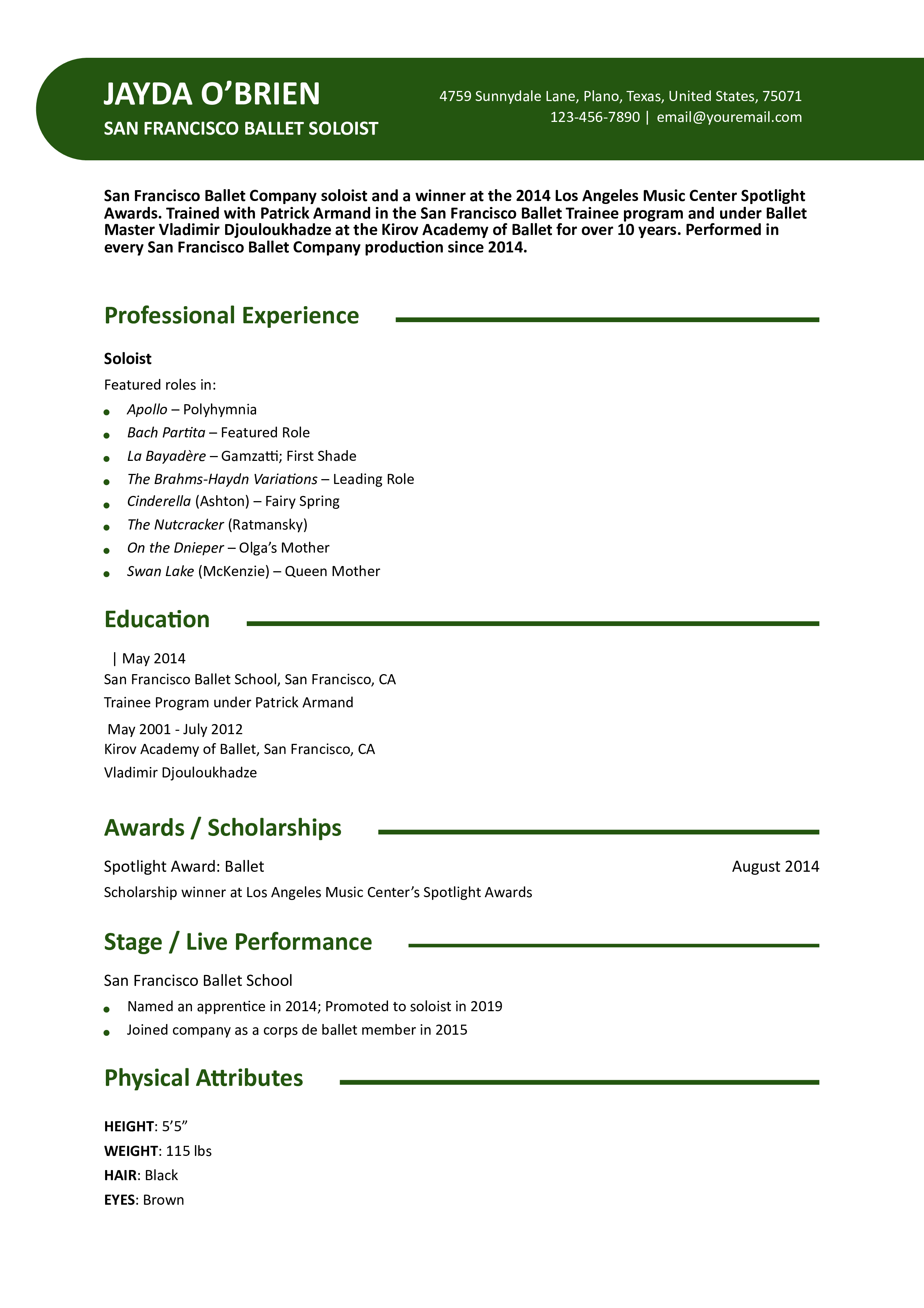 Dance Resume Examples and Templates for 2024 - ResumeBuilder.com