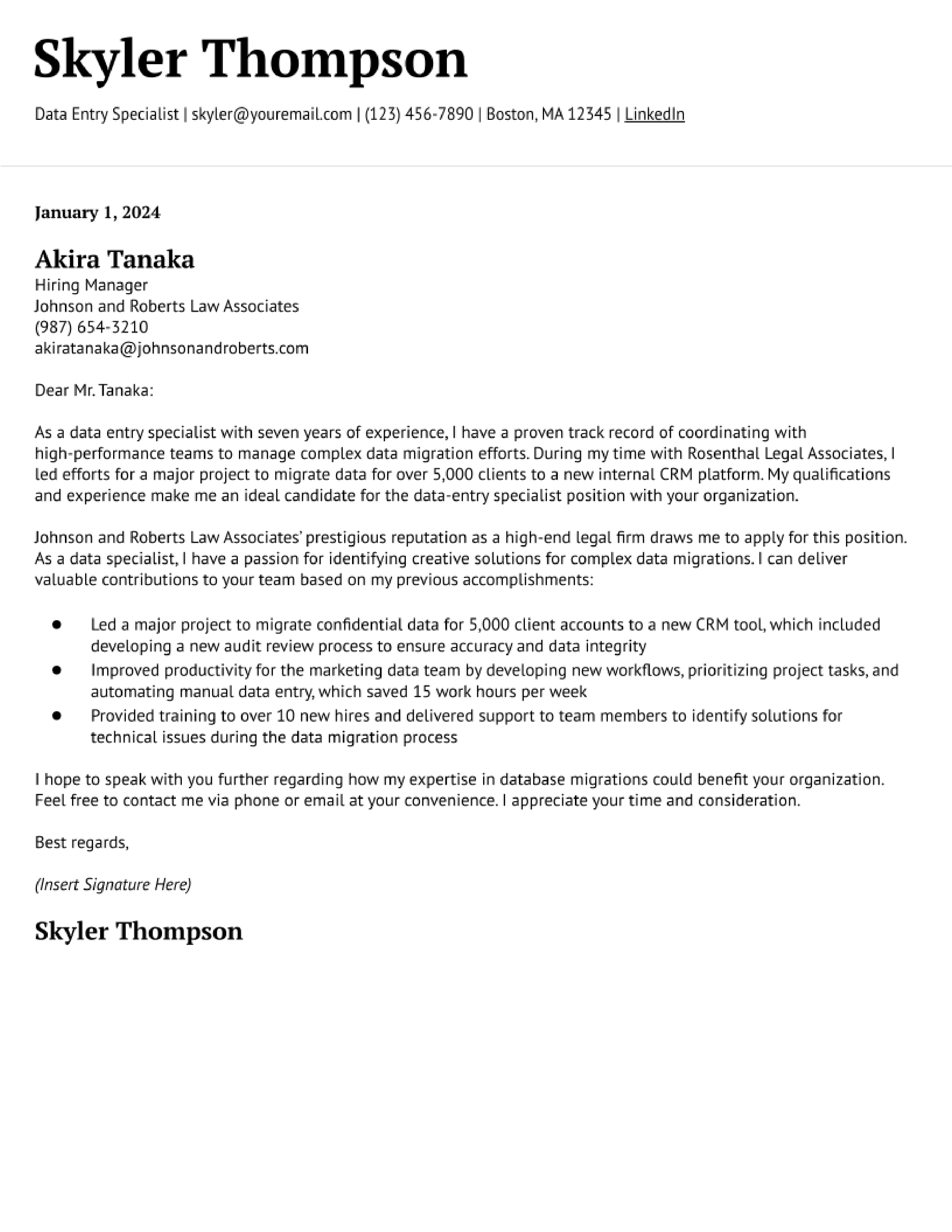 Data Entry Cover Letter Examples and Templates for 2024 - ResumeBuilder.com