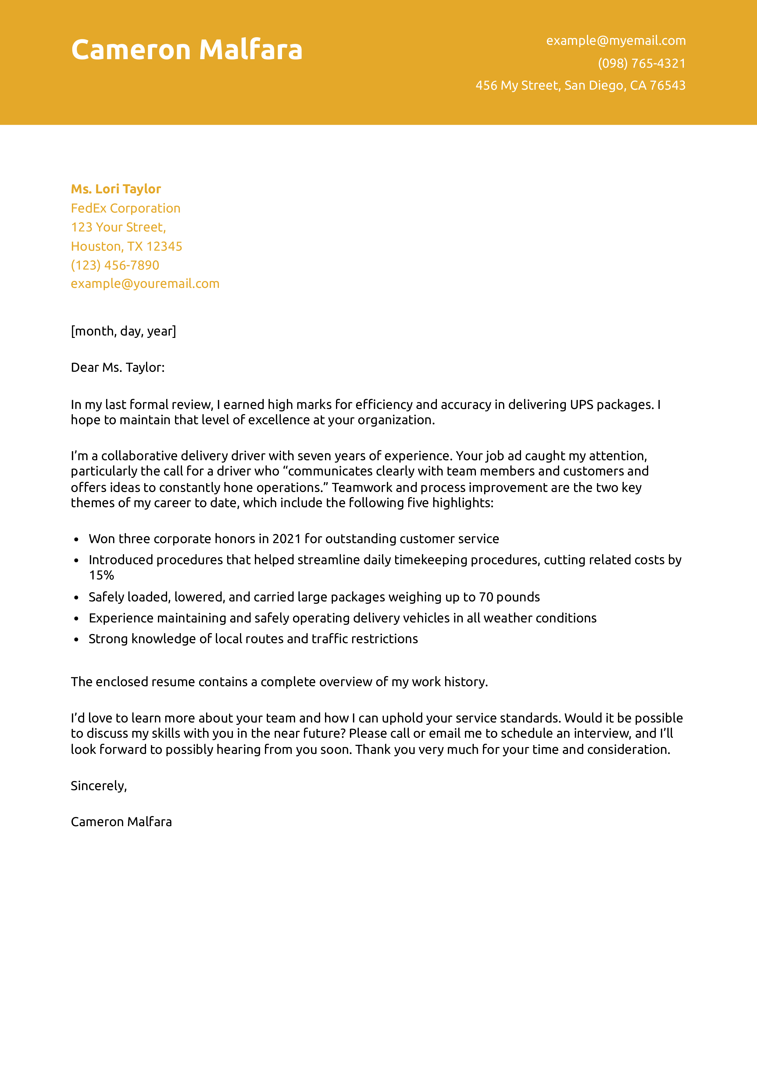 Delivery Driver Cover Letter Examples and Templates for 2024 ...