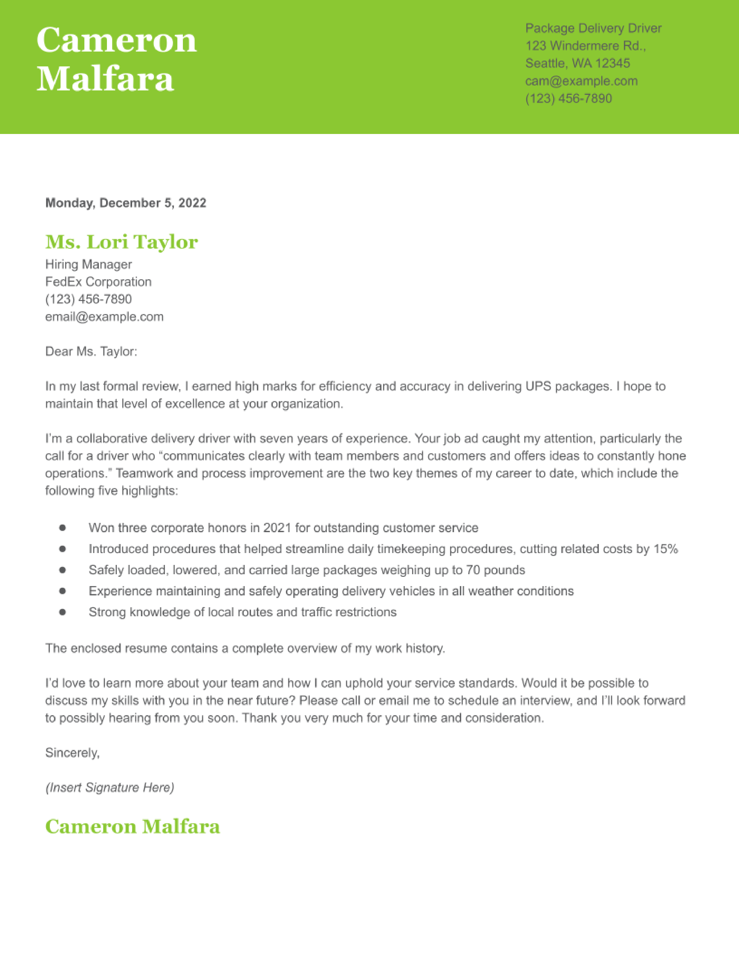 Delivery Driver Cover Letter Examples and Templates for 2024 ...