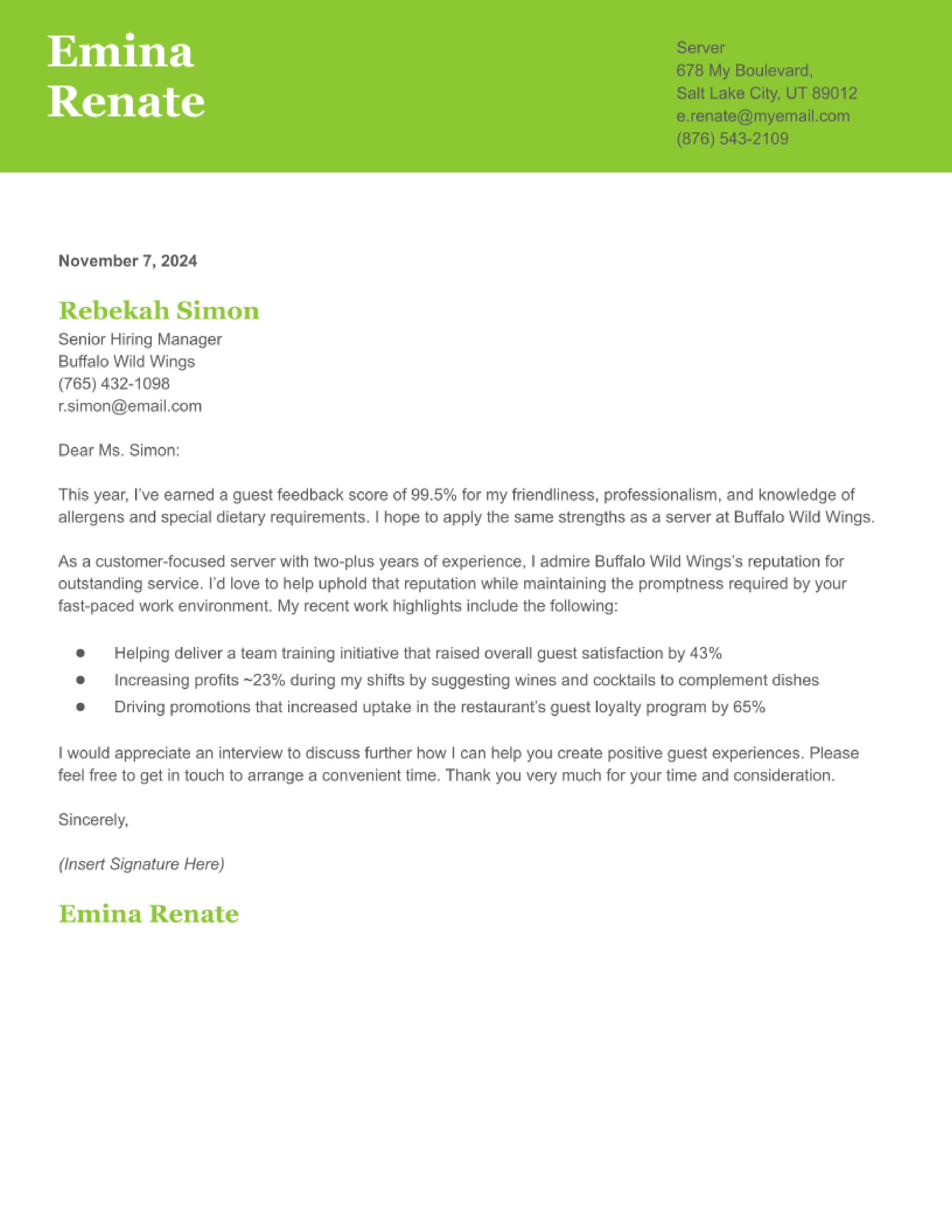 Food Service Cover Letter Examples and Templates for 2024 ...