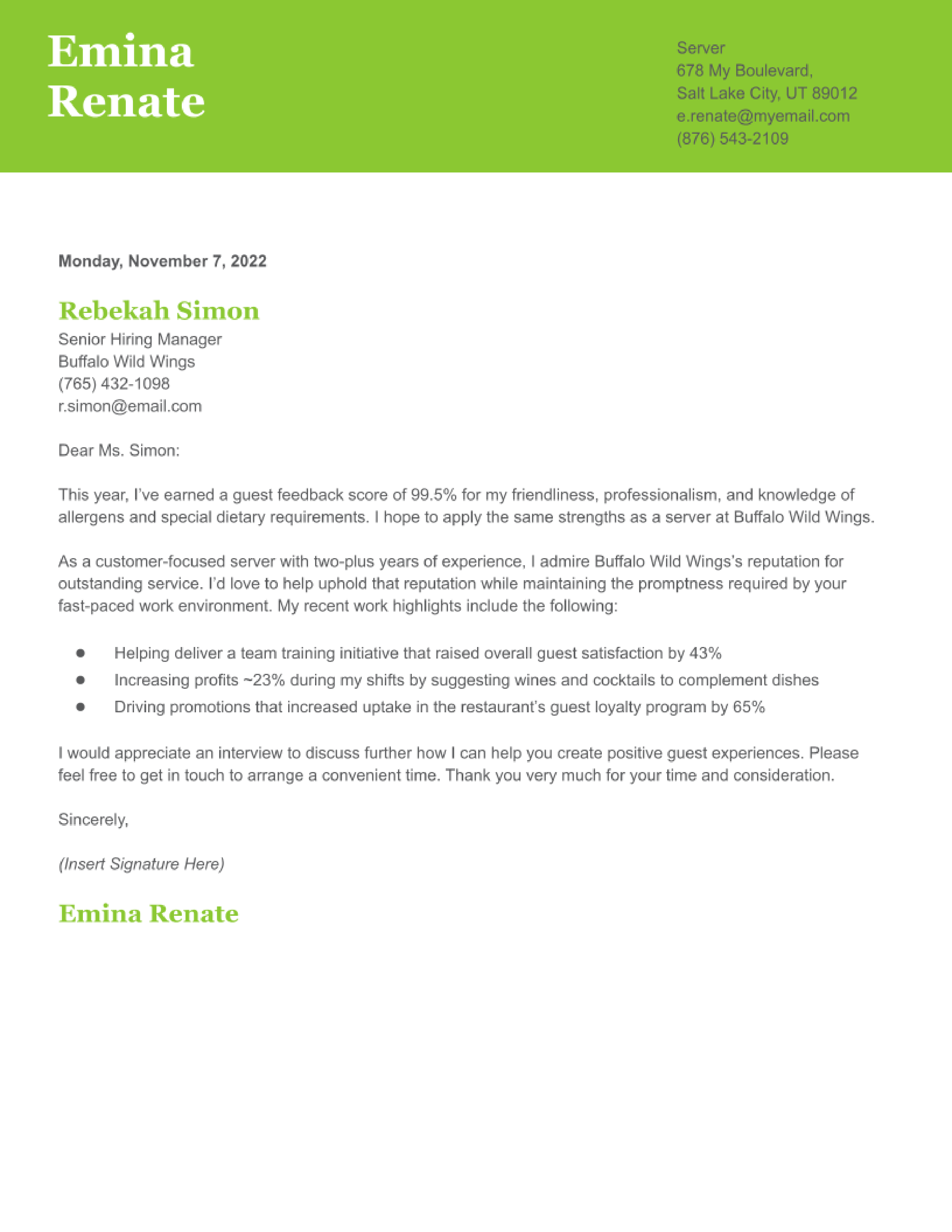 Food Service Cover Letter Examples and Templates for 2024 ...
