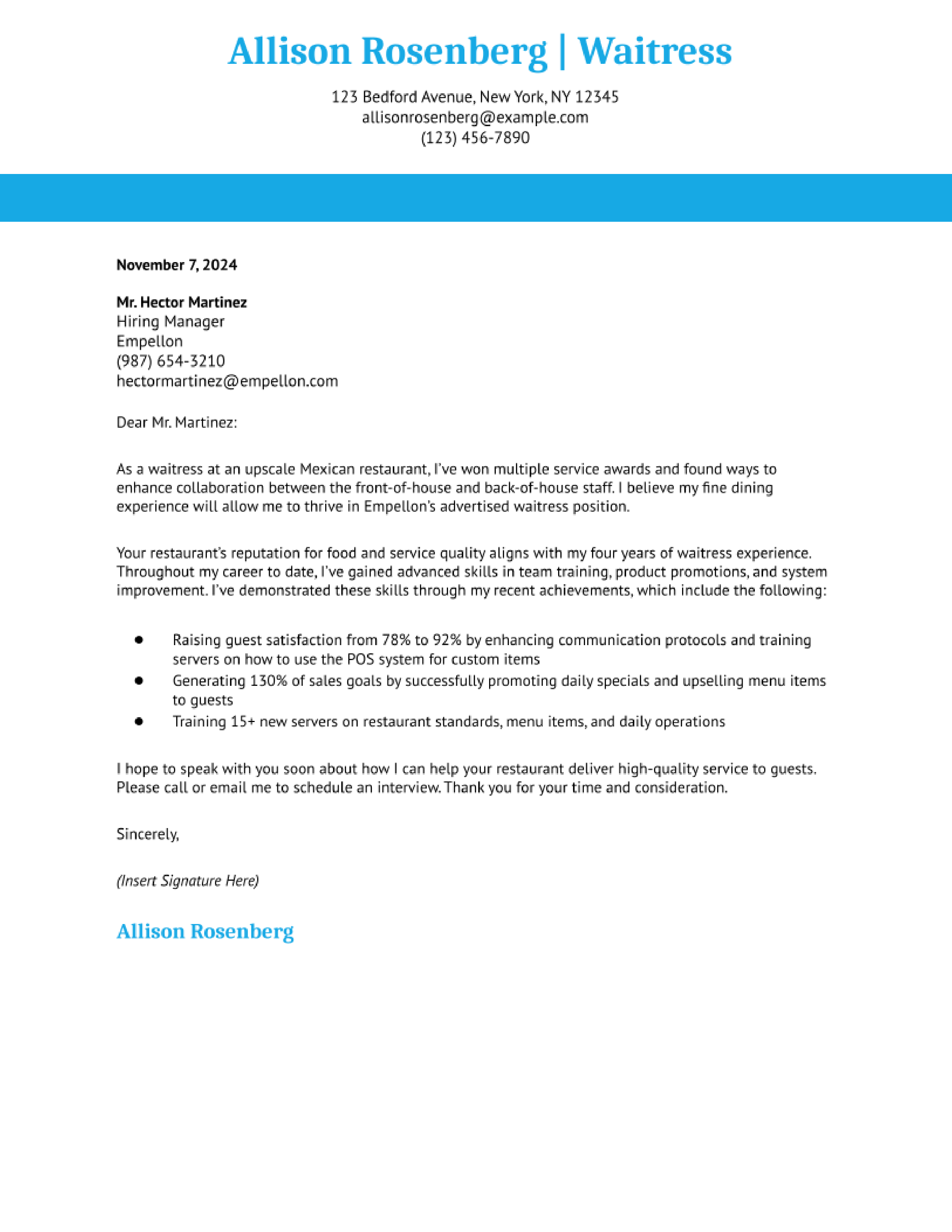 Food Service Cover Letter Examples and Templates for 2024 ...