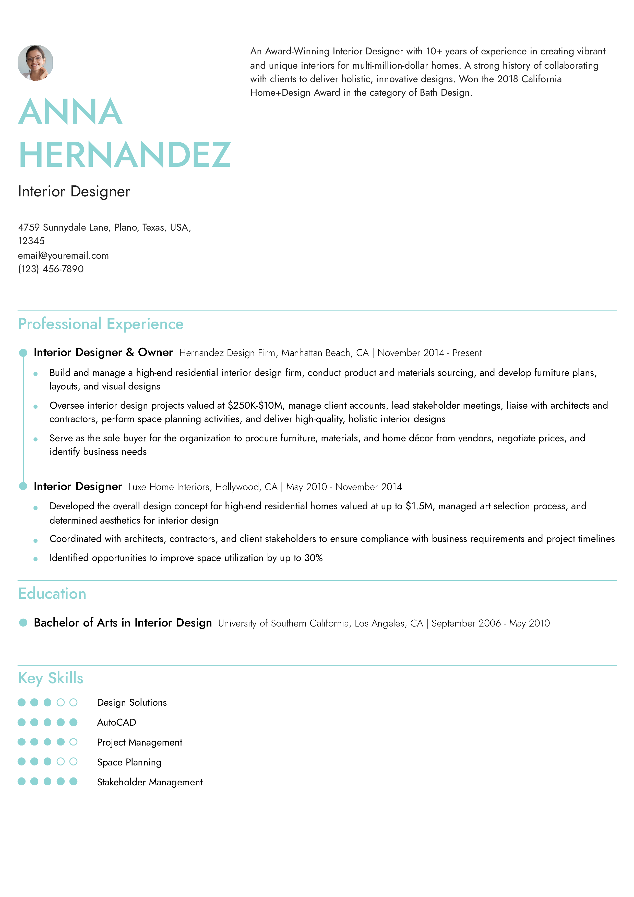 Interior Design Resume Examples and Templates for 2024 - ResumeBuilder.com