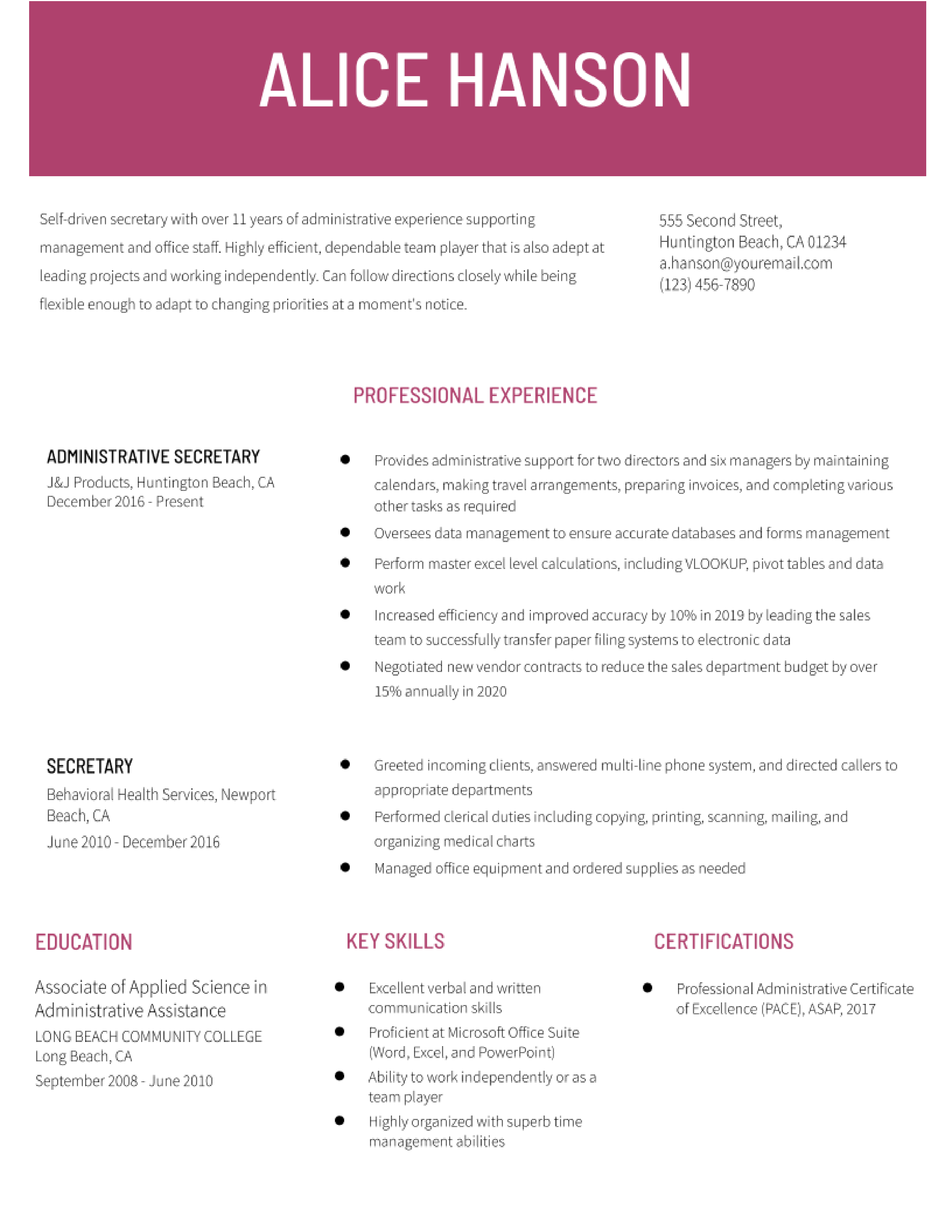 Secretary Resume Examples and Templates for 2024 - ResumeBuilder.com