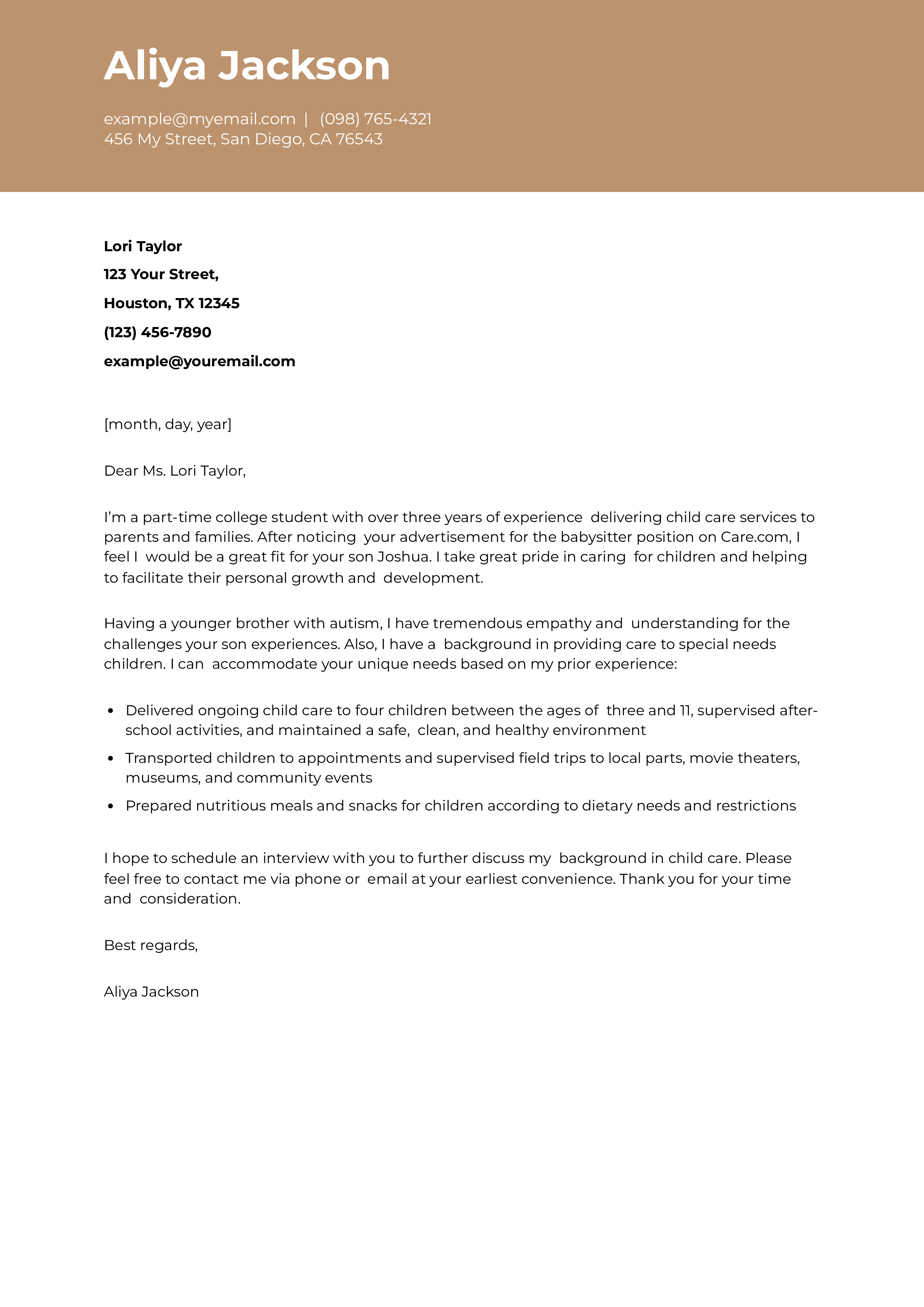 Babysitter Cover Letter Examples and Templates for 2024 - ResumeBuilder.com