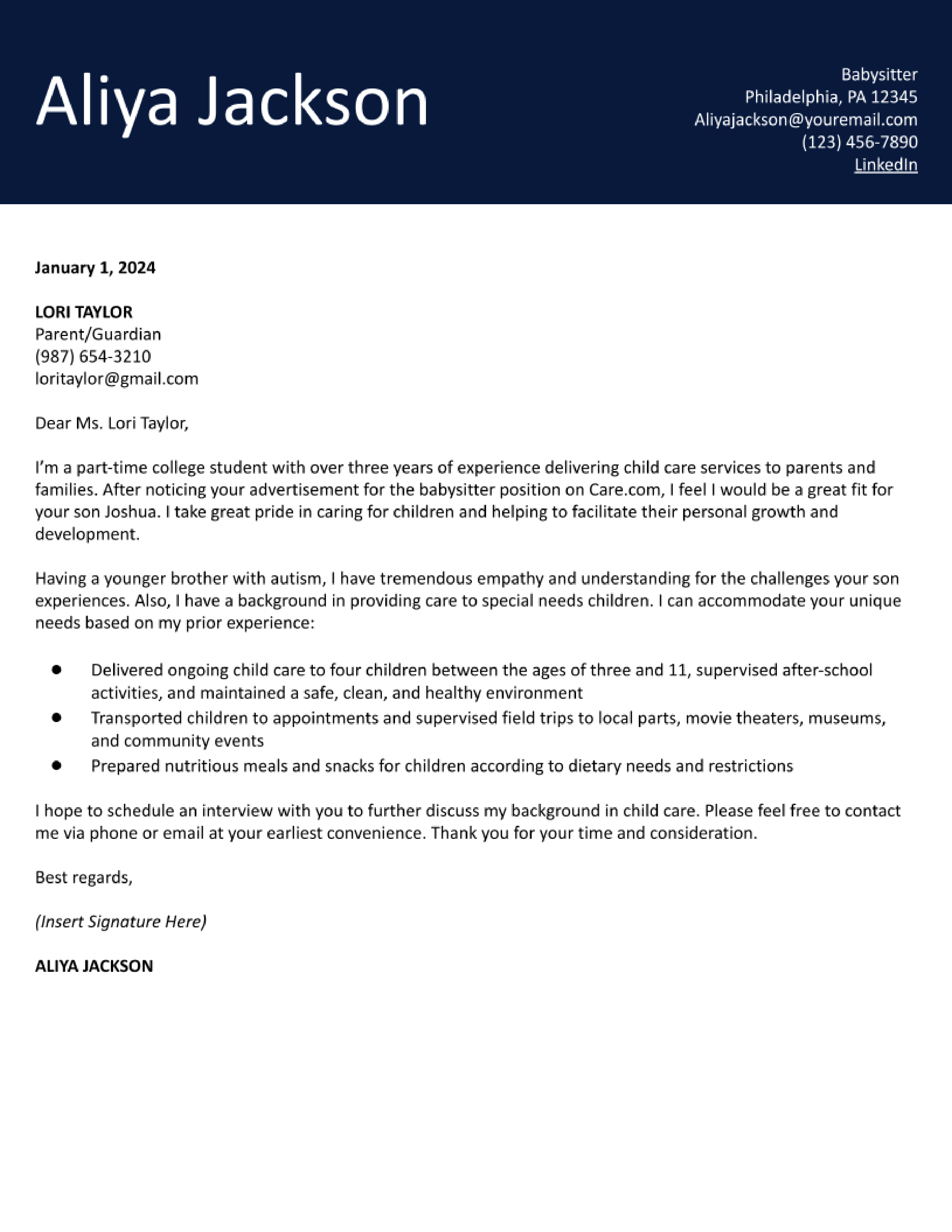 Babysitter Cover Letter Examples and Templates for 2024 - ResumeBuilder.com
