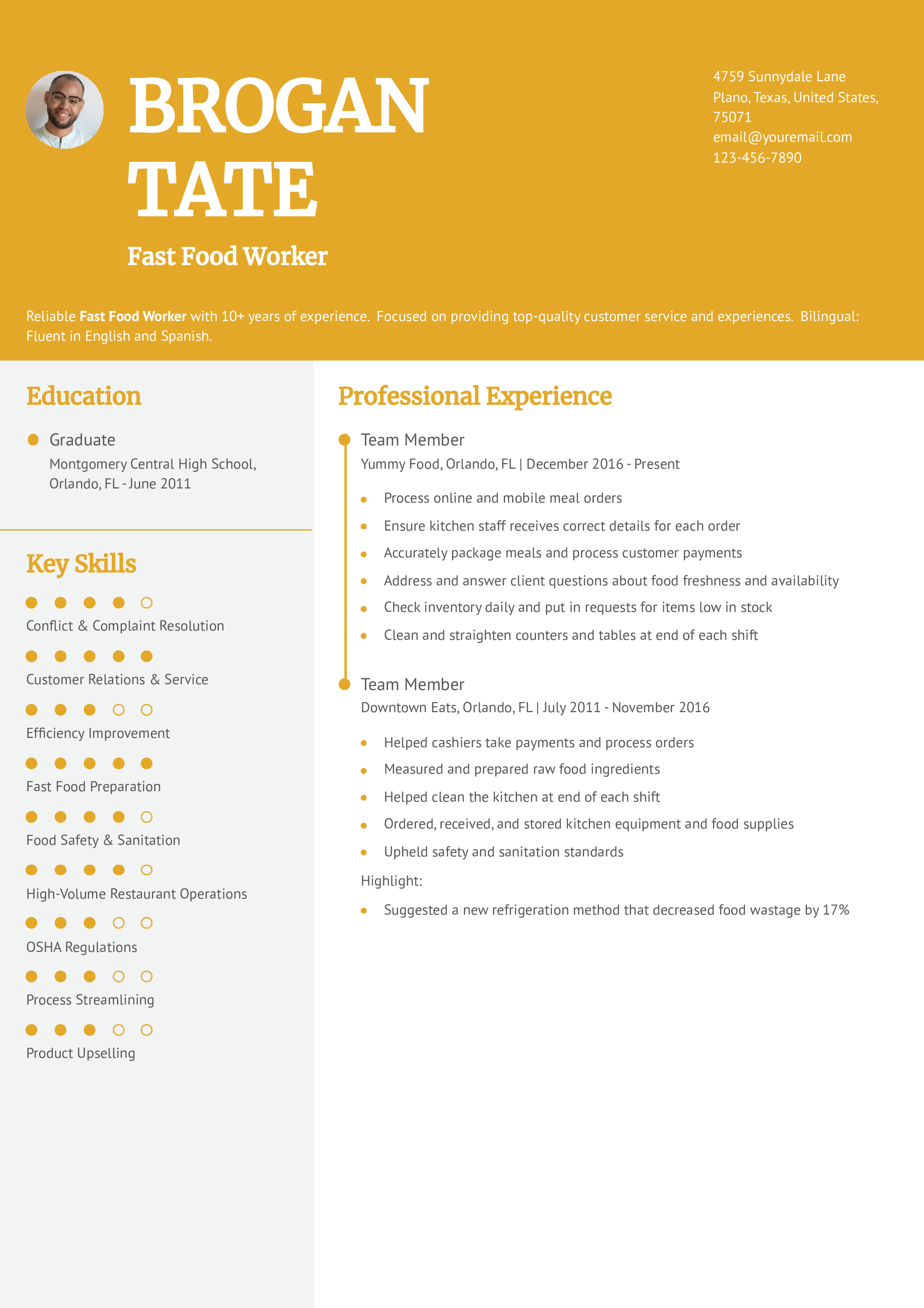 Fast Food Worker Resume Examples and Templates for 2024 - ResumeBuilder.com