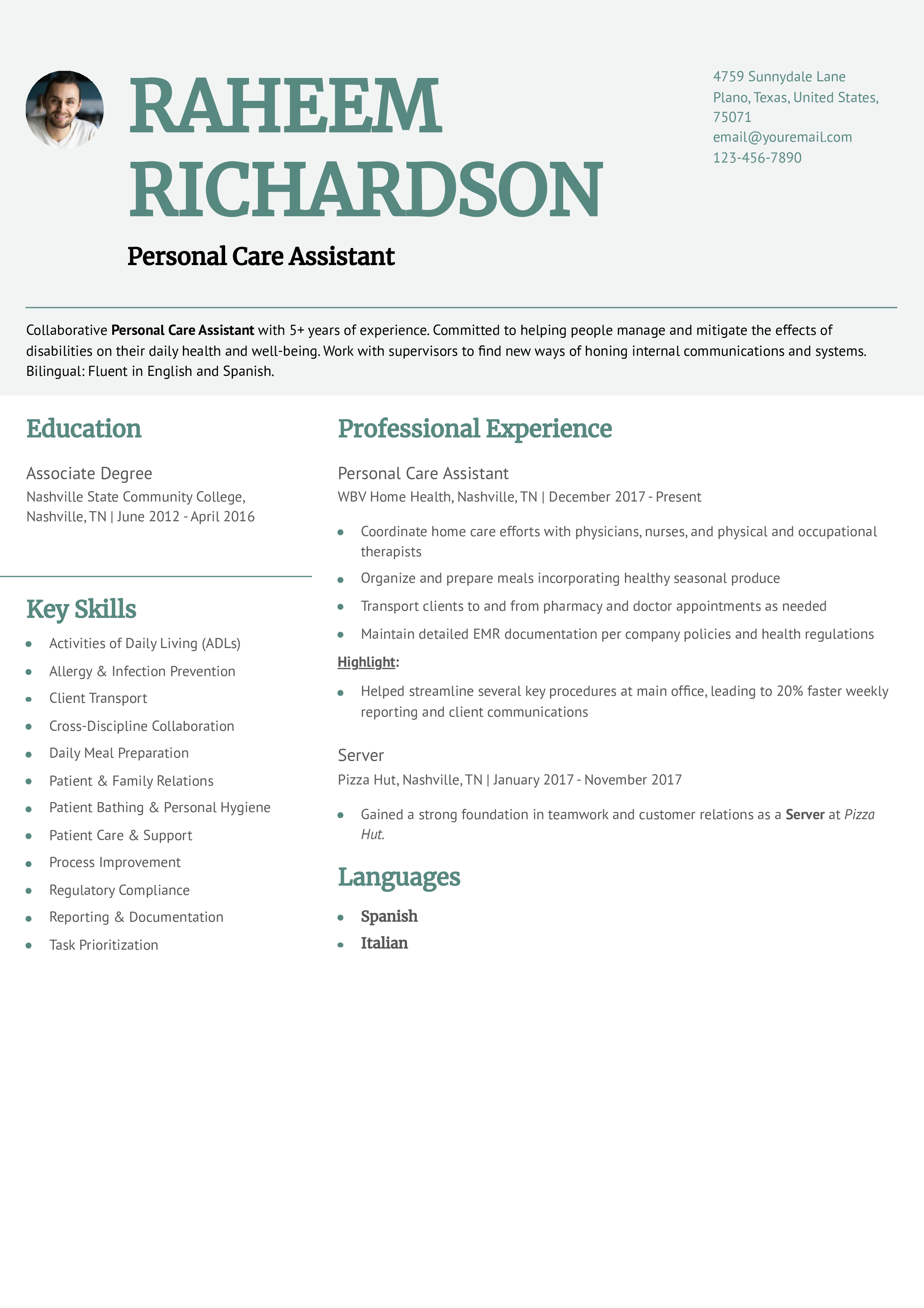 Personal Care Assistant Resume Examples And Templates For 2024