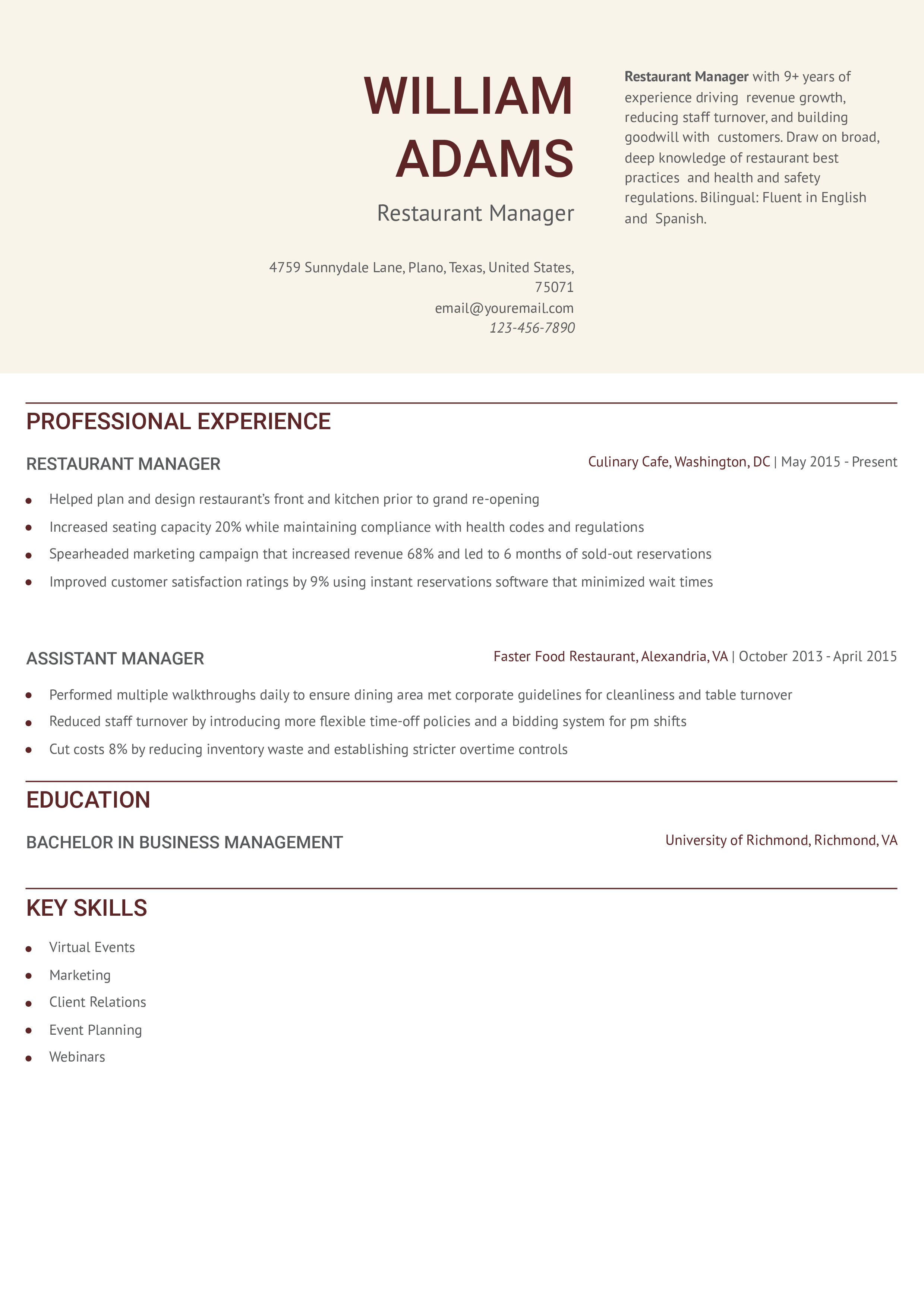 Restaurant Manager Resume Examples and Templates for 2024 ...