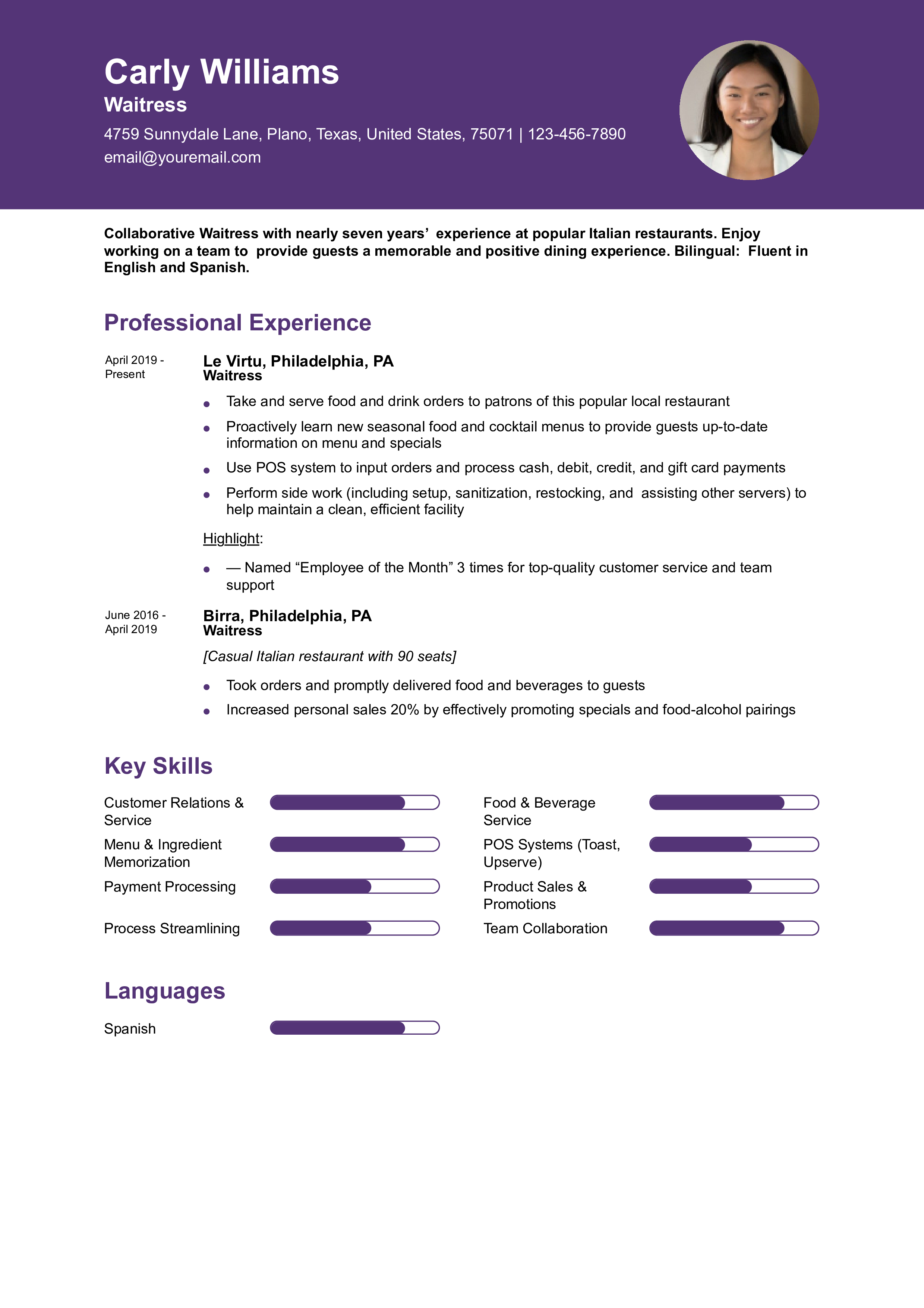 Waiter/Waitress Resume Examples and Templates for 2024 - ResumeBuilder.com