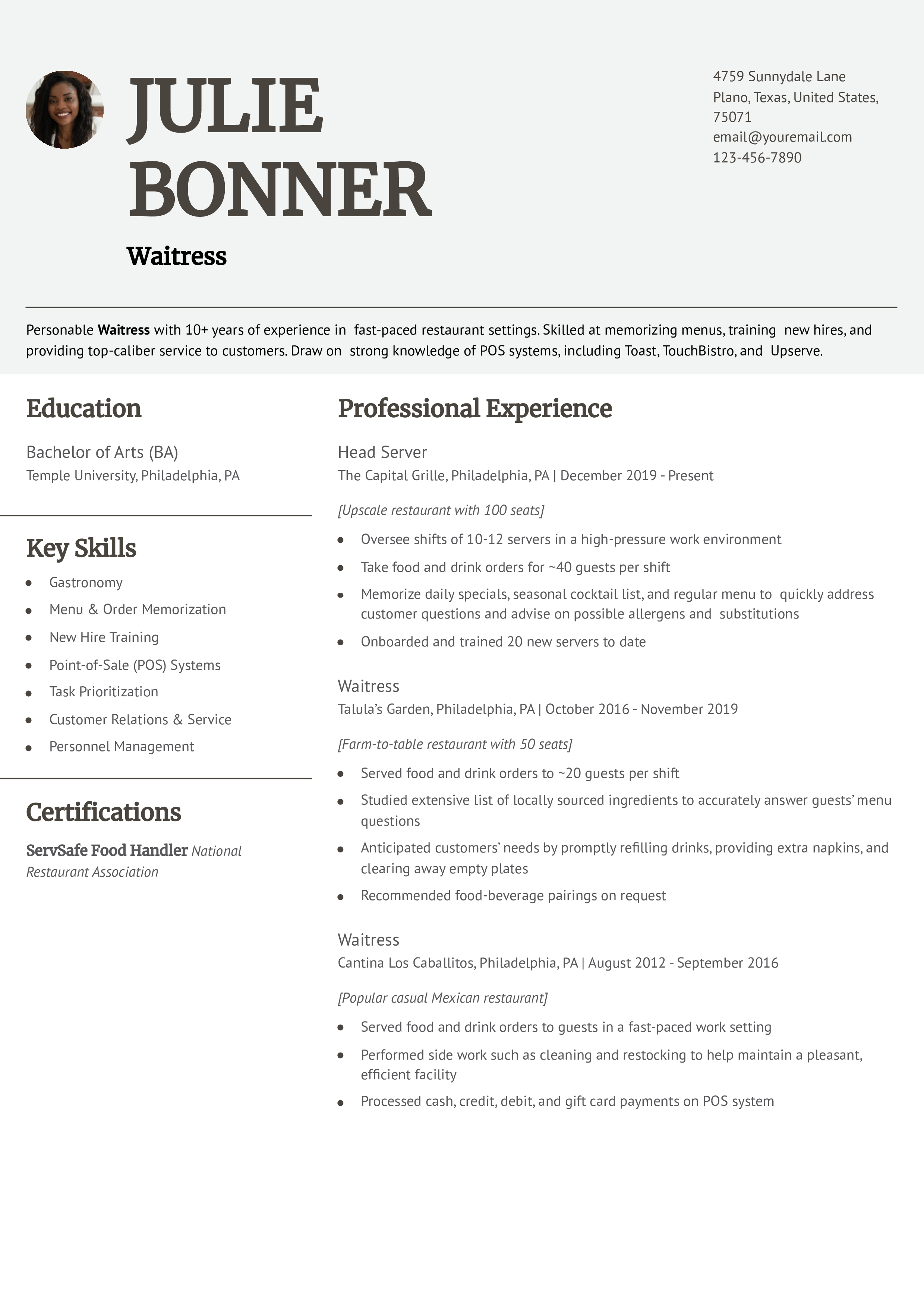 Waiter/Waitress Resume Examples and Templates for 2024 - ResumeBuilder.com