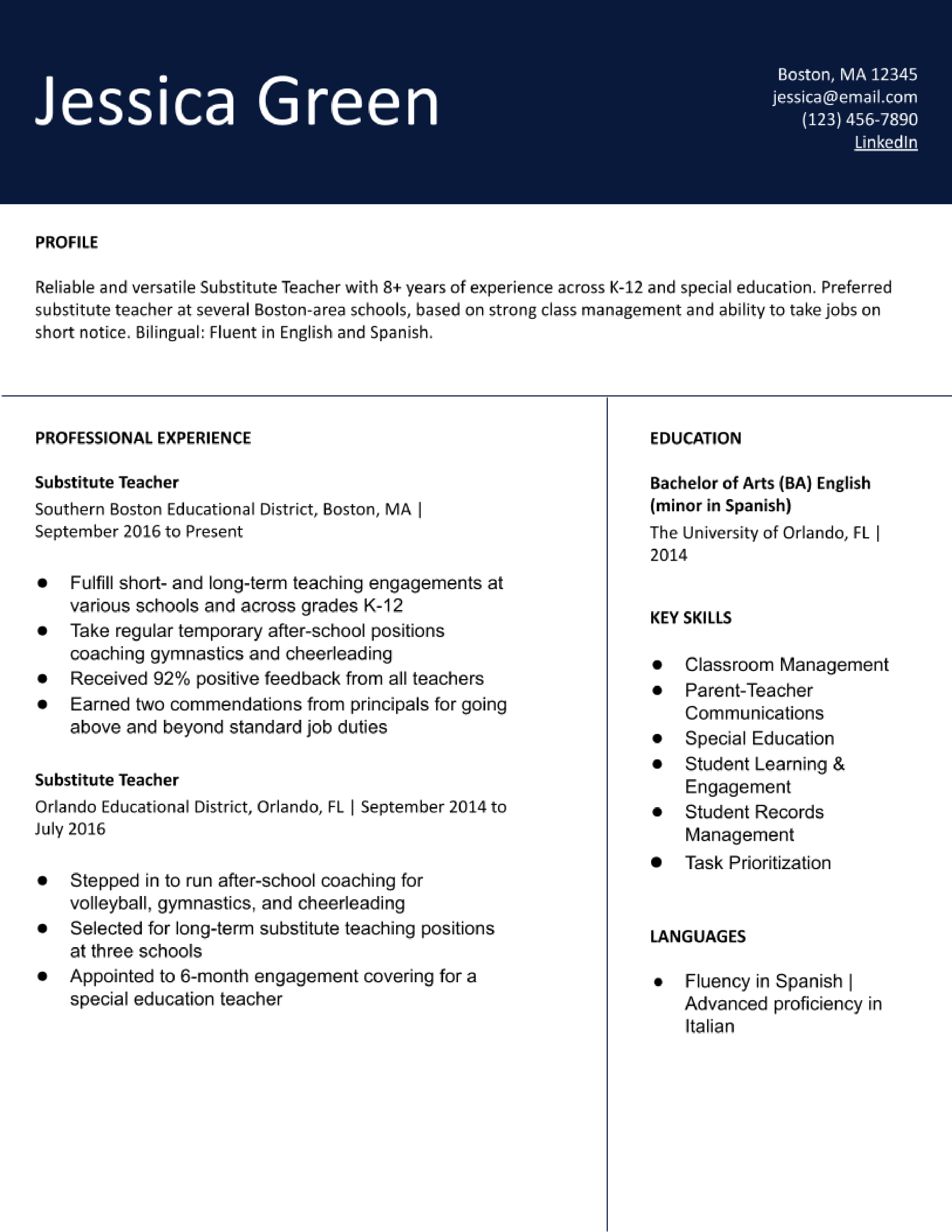 Substitute Teacher Resume Examples and Templates for 2024 ...