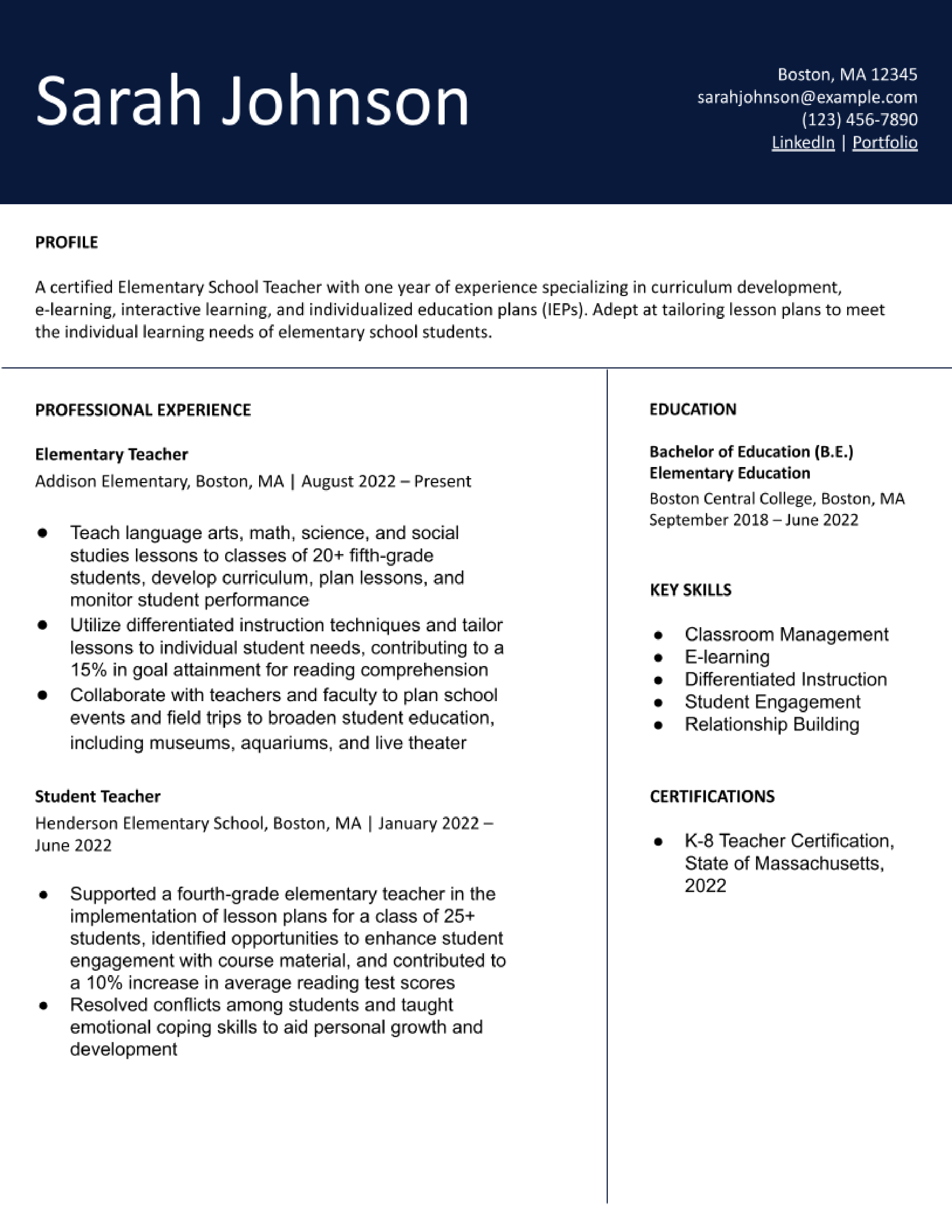 Elementary Teacher Resume Template