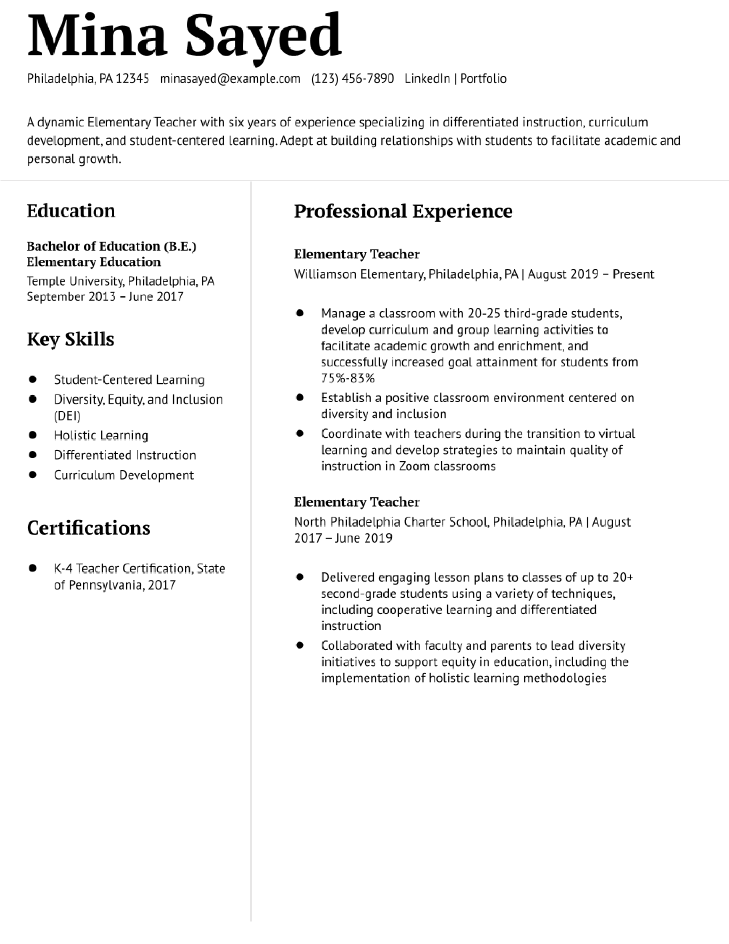 Elementary Teacher Resume Examples and Templates for 2024 ...