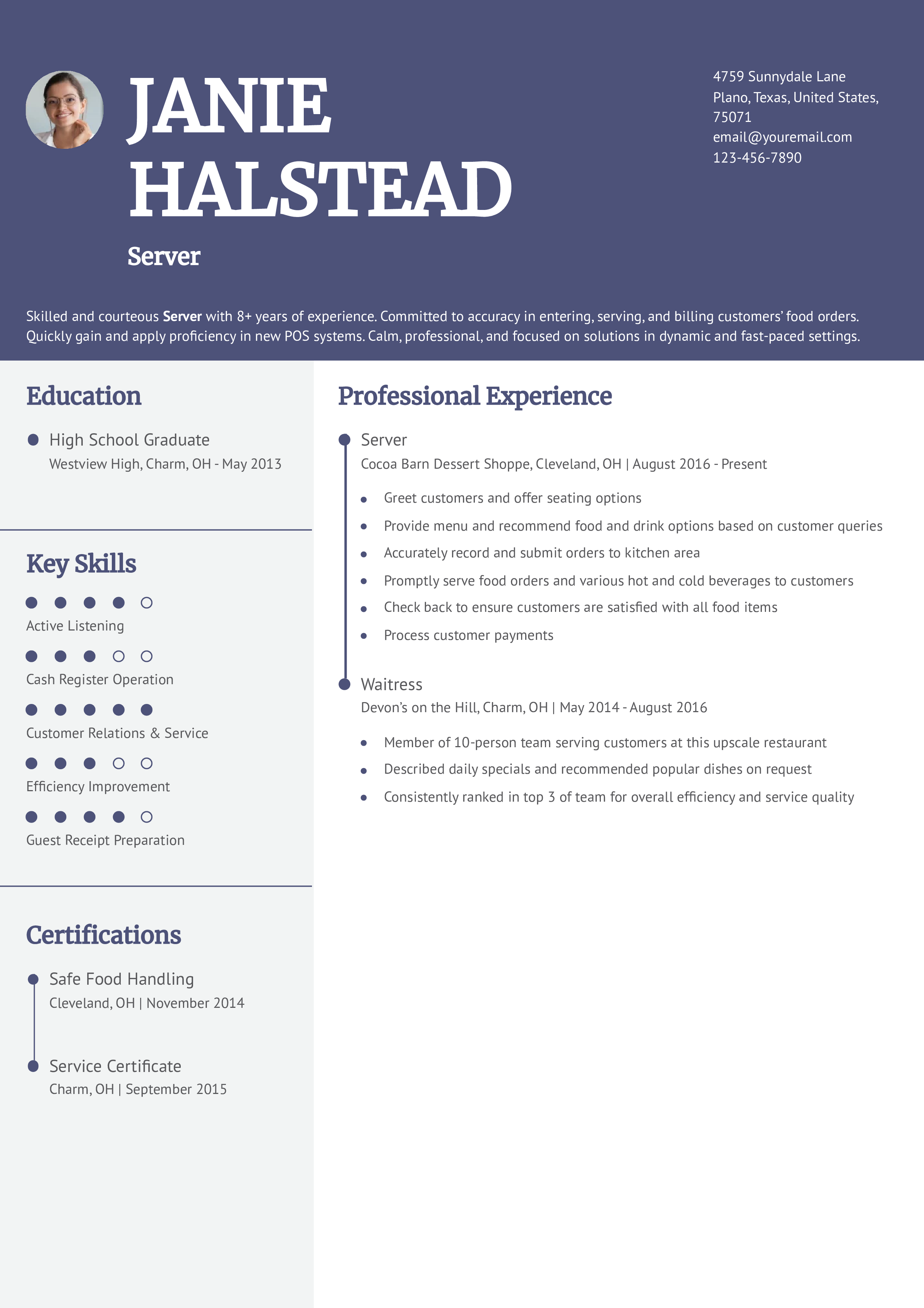 Server Resume Examples and Templates for 2024 - ResumeBuilder.com