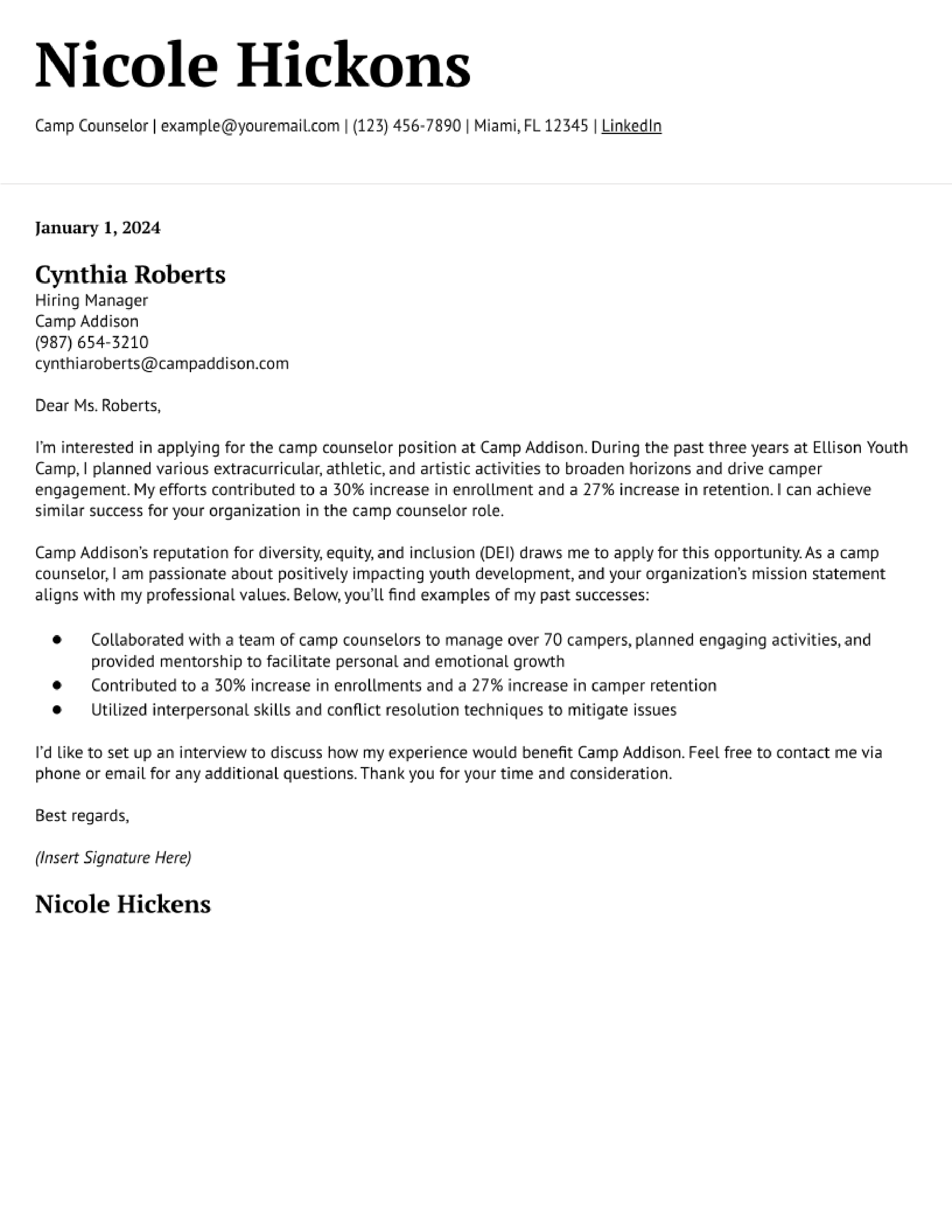 Camp Counselor Cover Letter Examples and Templates for 2024 ...